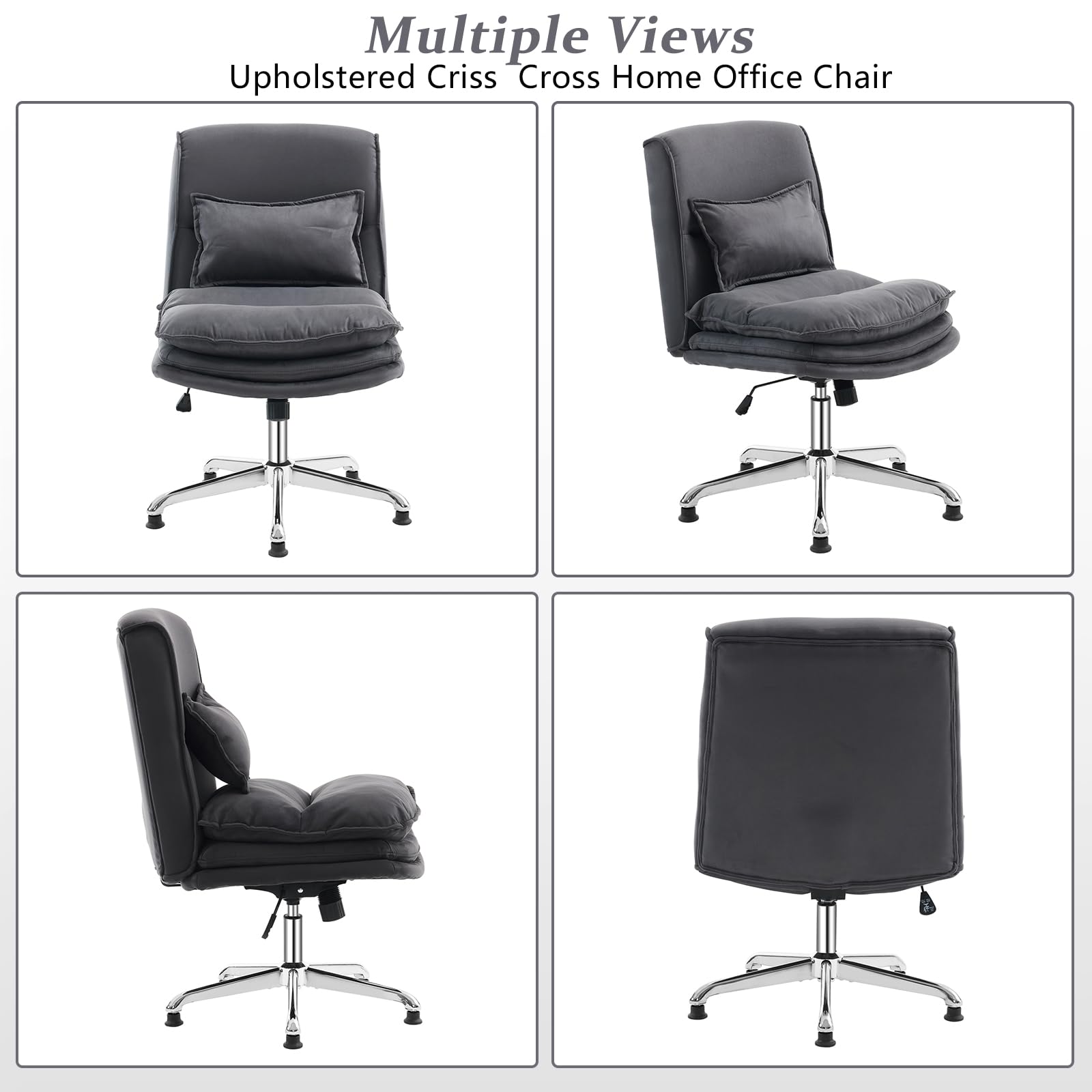 VINGLI Cloud Criss Cross Legged Chair,18" High Back Armless Home Office Desk Chair no Wheel,Wide Adjustable Comfy Padded Seat Task Computer Chair,Modern Swivel Makeup Vanity Chair,Microfiber,Grey