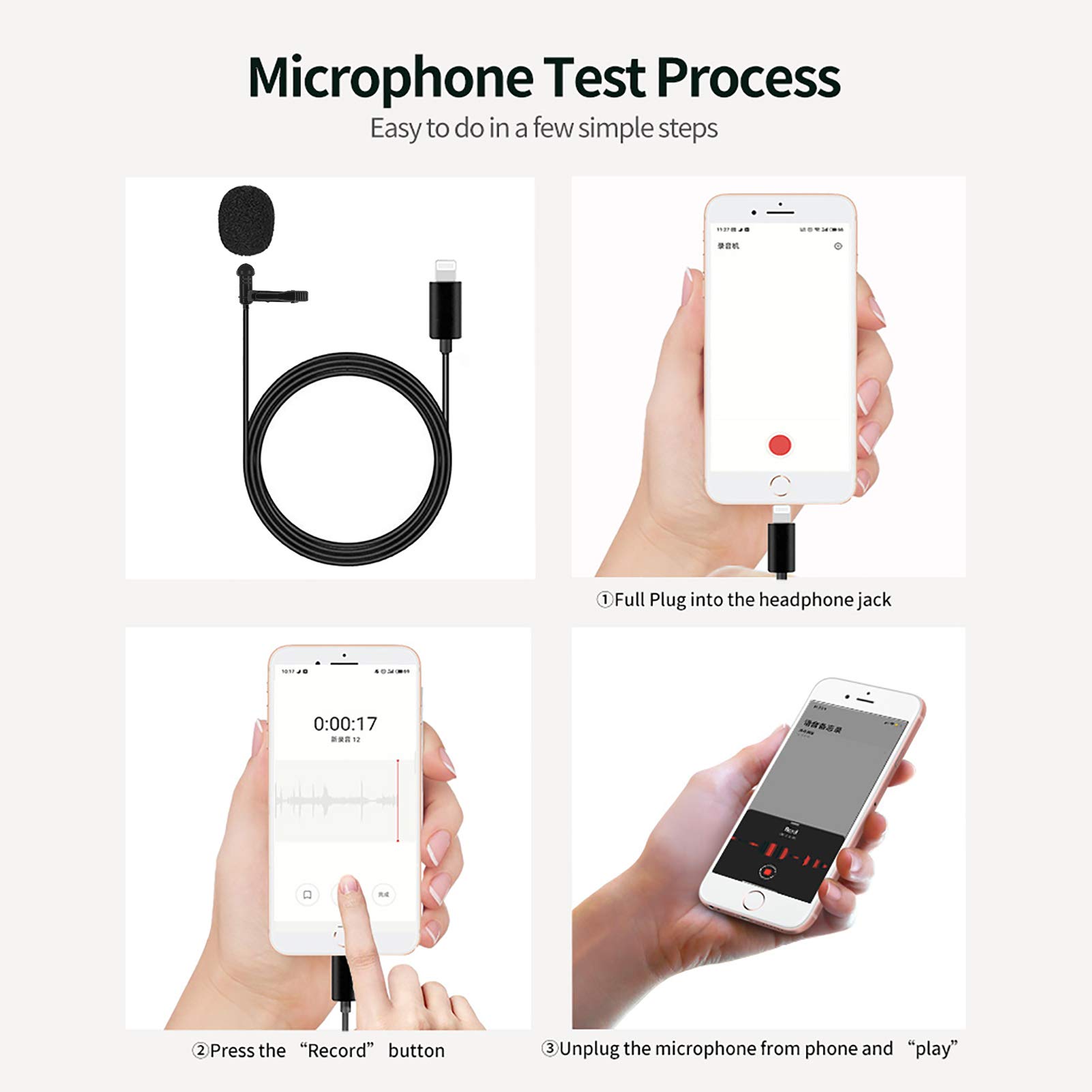 LituFoto Microphone Professional for iPhone/ipad Grade Lavalier Lapel Omnidirectional Phone Audio Video Recording Lavalier Condenser Microphone (iOS 3m)