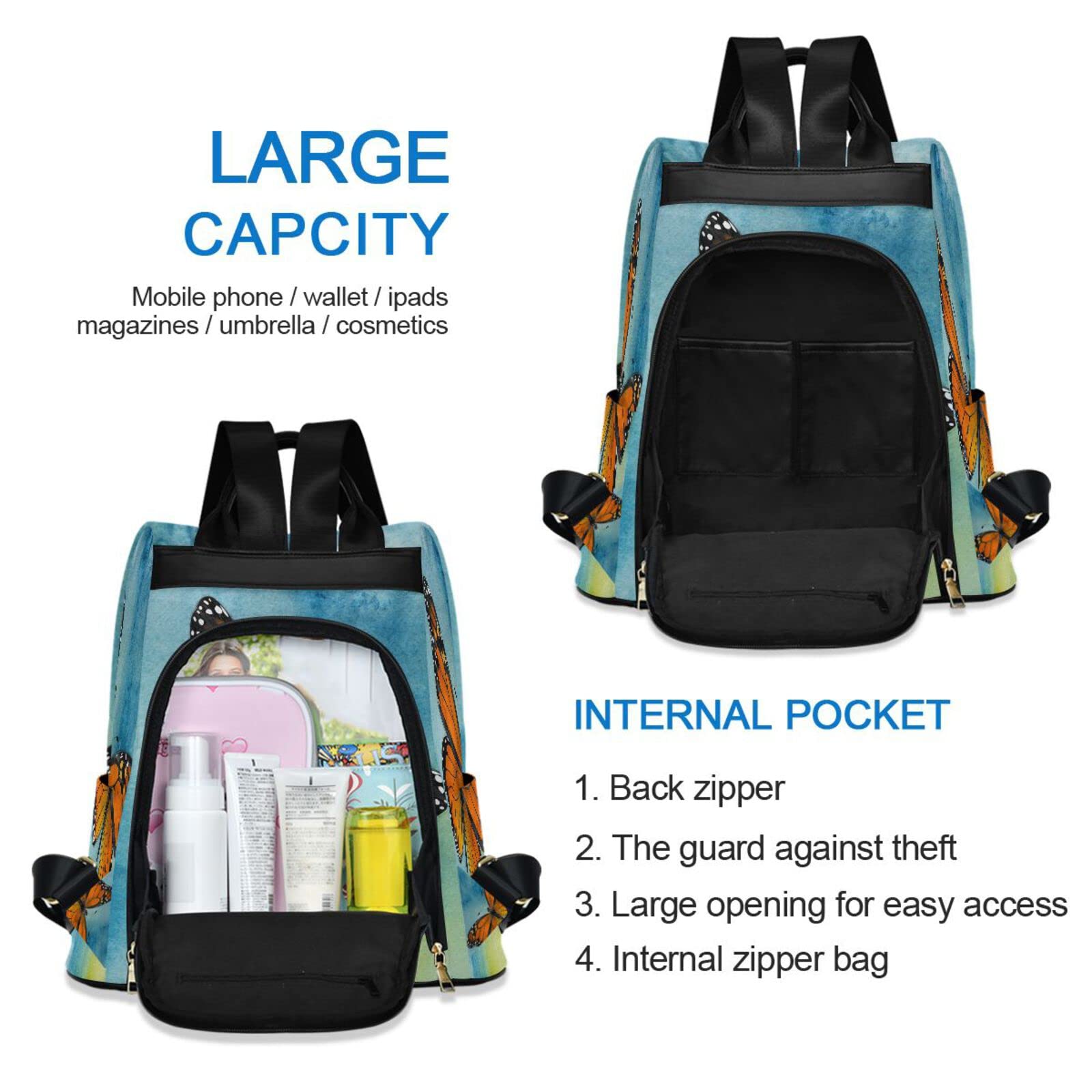 senya Women's Fashion Backpack Purses Handbags Monarch Butterfly Shoulder Bag Travel bag