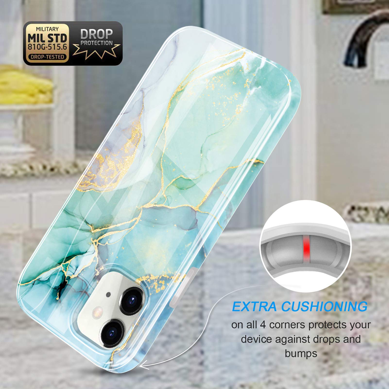 LUOLNH Gold Glitter Sparkle Case Compatible with iPhone 12 Mini Case 5.4 Inch Marble Design Shockproof Soft Silicone Rubber TPU Bumper Cover Skin Phone Case -Abstract Mint