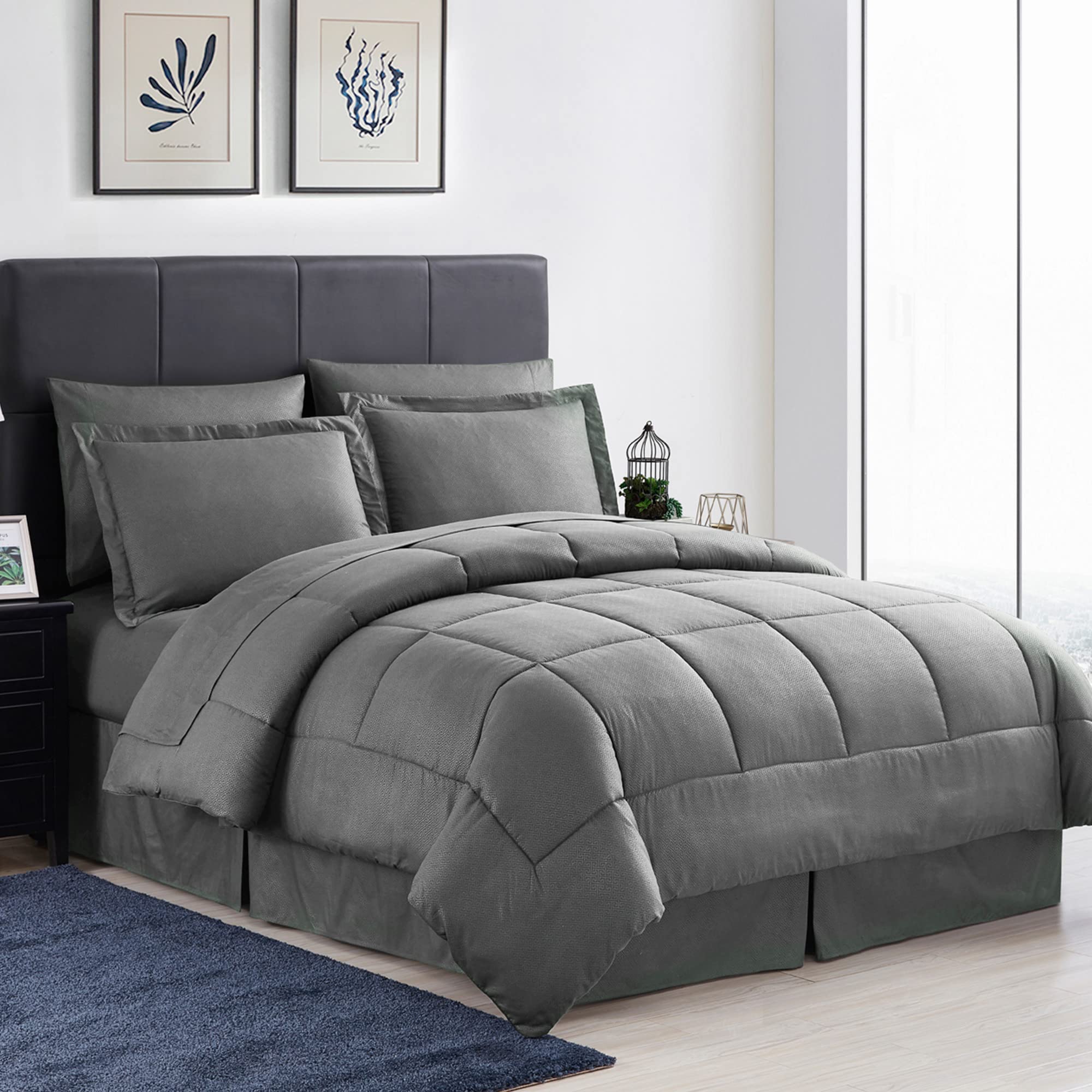 King Size Comforter Set 8 Piece Bed in a Bag with Bed Skirt, Fitted Sheet, Flat Sheet, 2 Pillowcases, 2 Pillow Shams, King, Greek Key Gray
