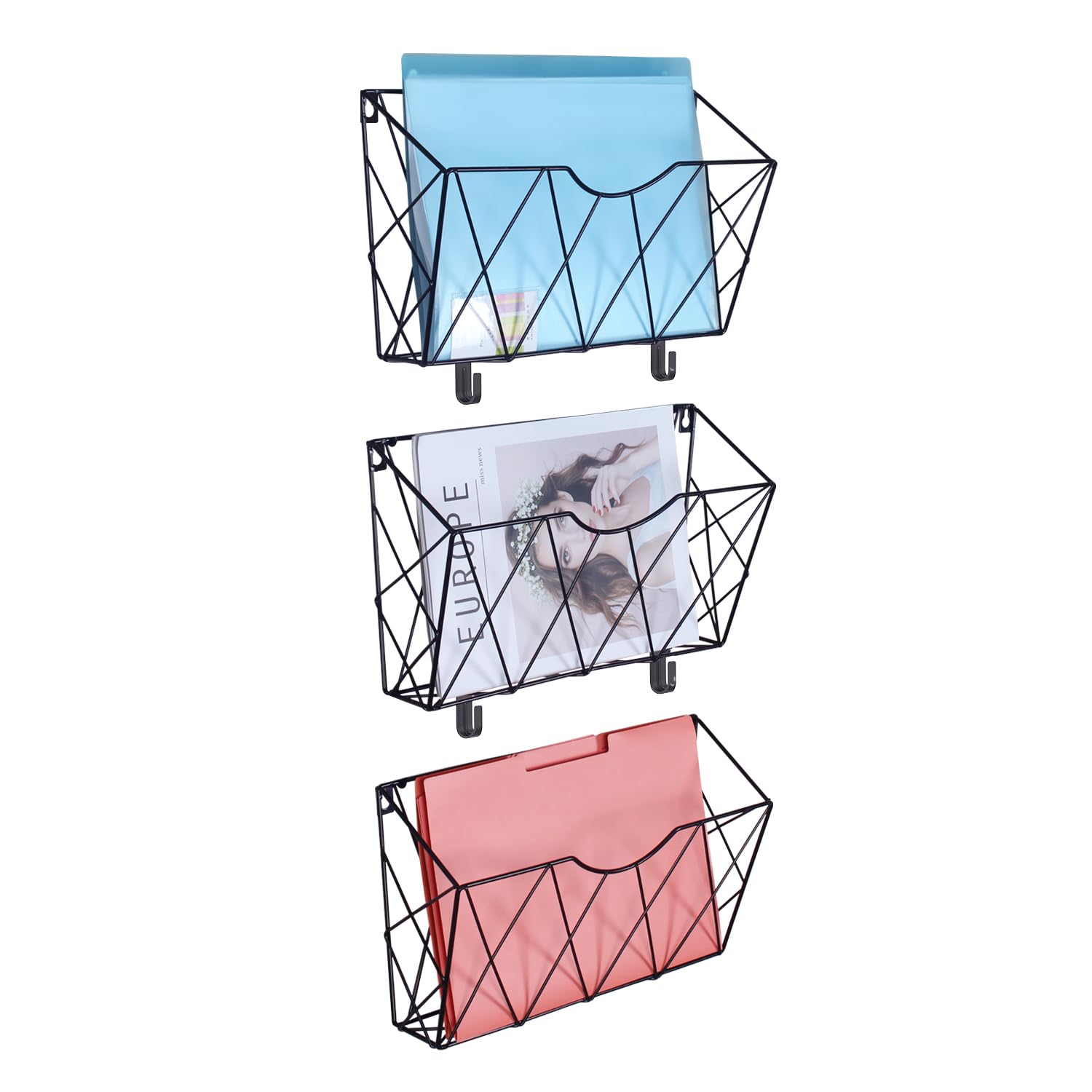 KEEGH Hanging Wall File Organizer Wall Mount File Folder 3 Pockets Wall Paper Organizer Mail Organizer Metal Wall Magazine Rack with Hooks