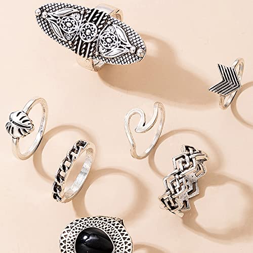 Octwine Boho Silver Leaf Knuckle Open Ring Set Vintage Stackable Black Midi Finger Rings Set Stacking Ring Jewelry for Women Girls 7Pcs