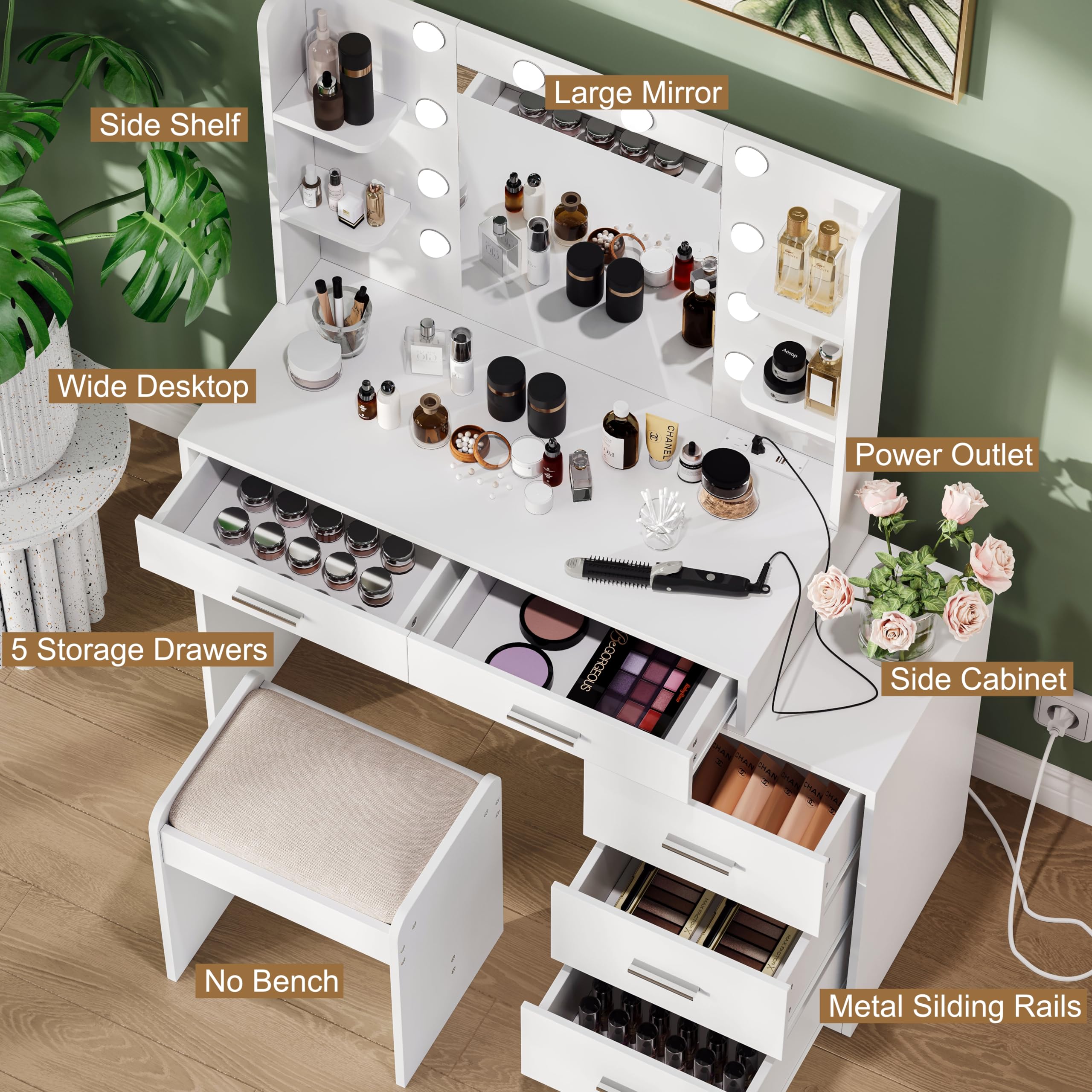 Keehusux Vanity Desk with Charging Station and Side Cabinet, Makeup Table with 3-Color Dimmable Lighted Mirror, Bedroom Makeup Vanity Table with 5 Drawers and Open Storage for Women, White KES003WSZT