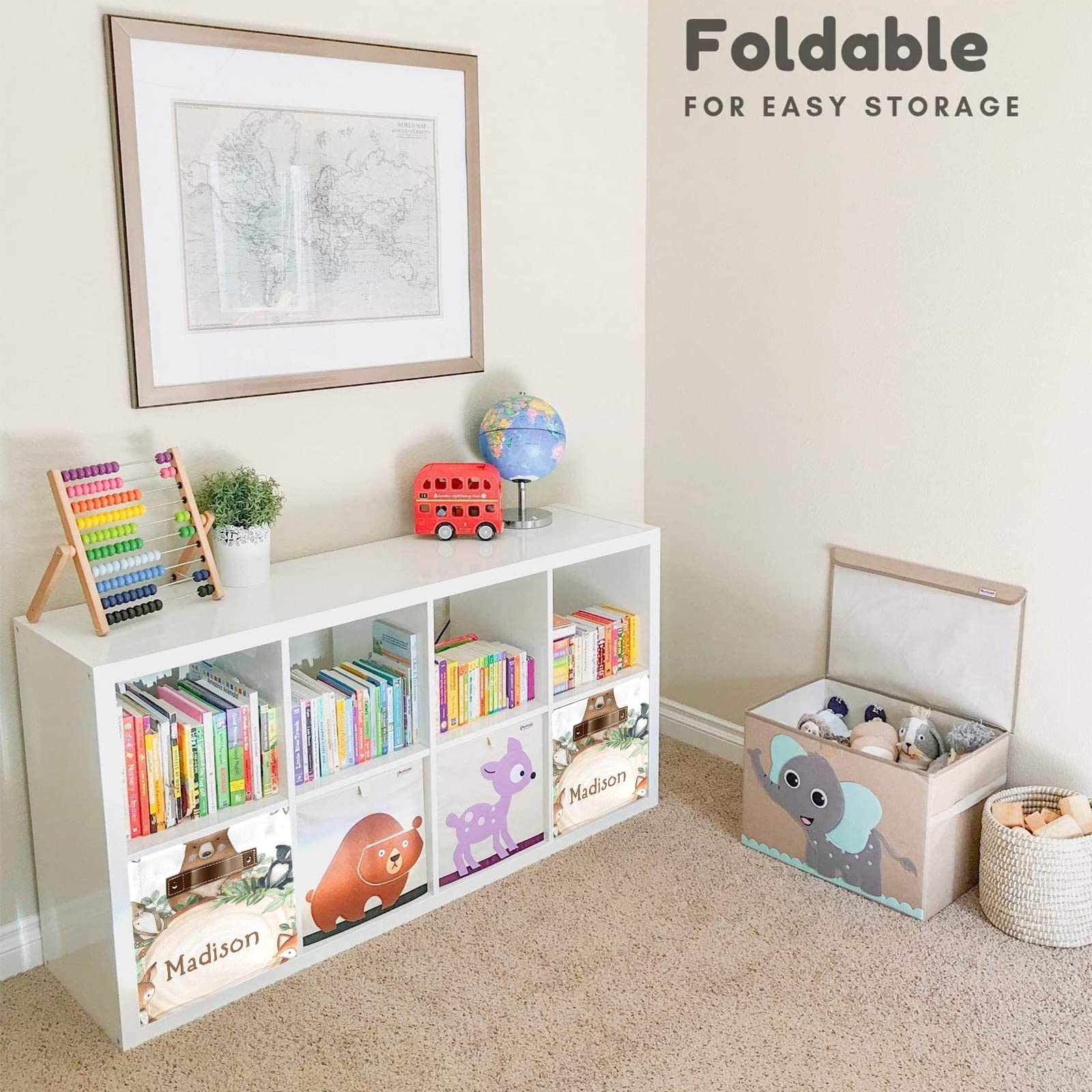 Woodland Animals Personalized Storage Basket,Custom Storage Bins Cubes Organizer with Handle for Bedroom Wardrobe,Nursery,Basket 1 Pack