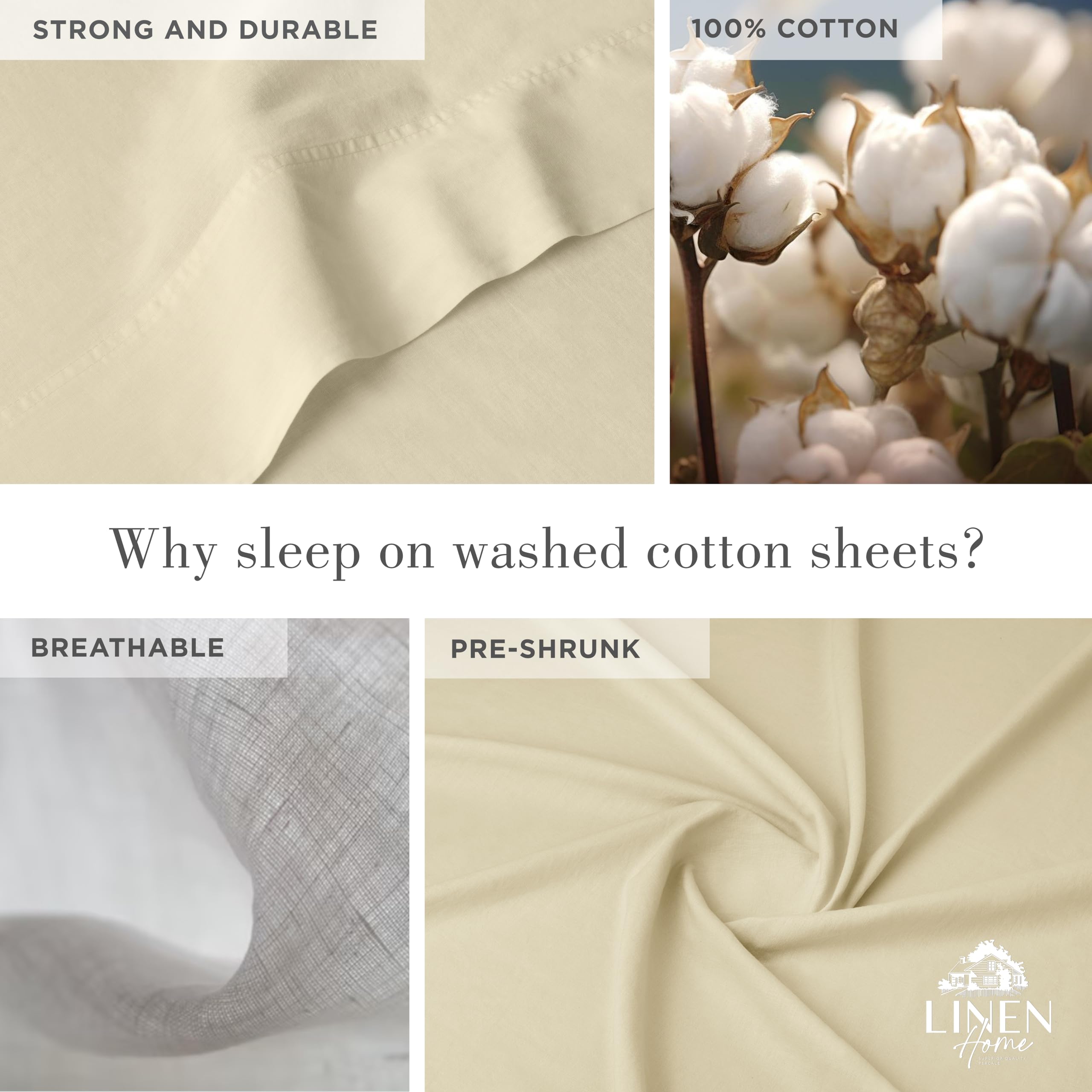Linen Home Washed Cotton Percale King Sheet Set, Ivory, Deep Pocket, 4 Pieces Bed Sheets - 1 Flat Sheet, 1 Fitted Sheet & 2 Envelope Closure Pillowcases, Cool and Comfortable Bed Linen