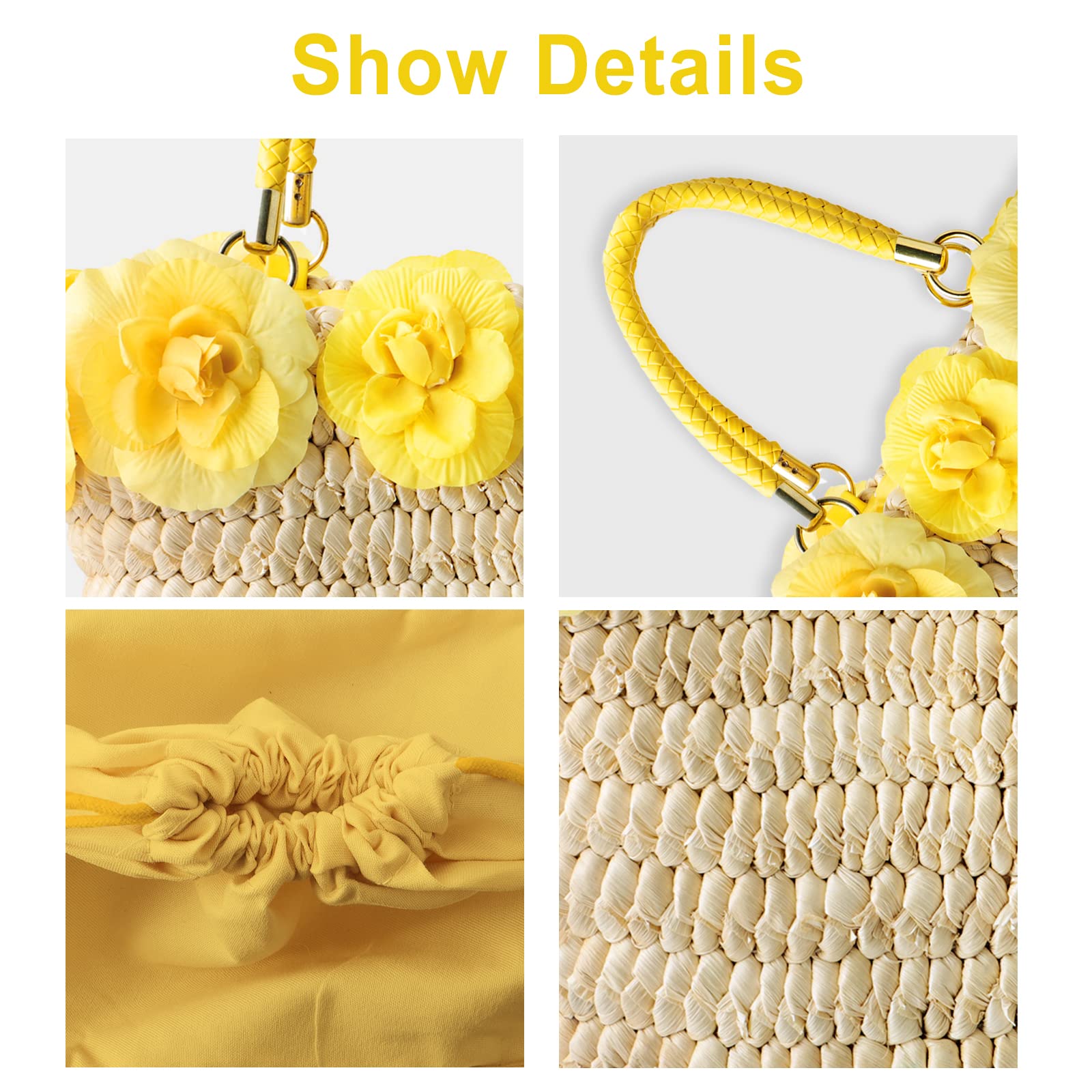 QTKJ Beach Bag for Women, Straw Handmade Handbag, Yellow Leather Braided Handle and Flower Decoration, Boho Retro Woven Shoulder Bag, Large Tote Bag for Vacation Travel Work