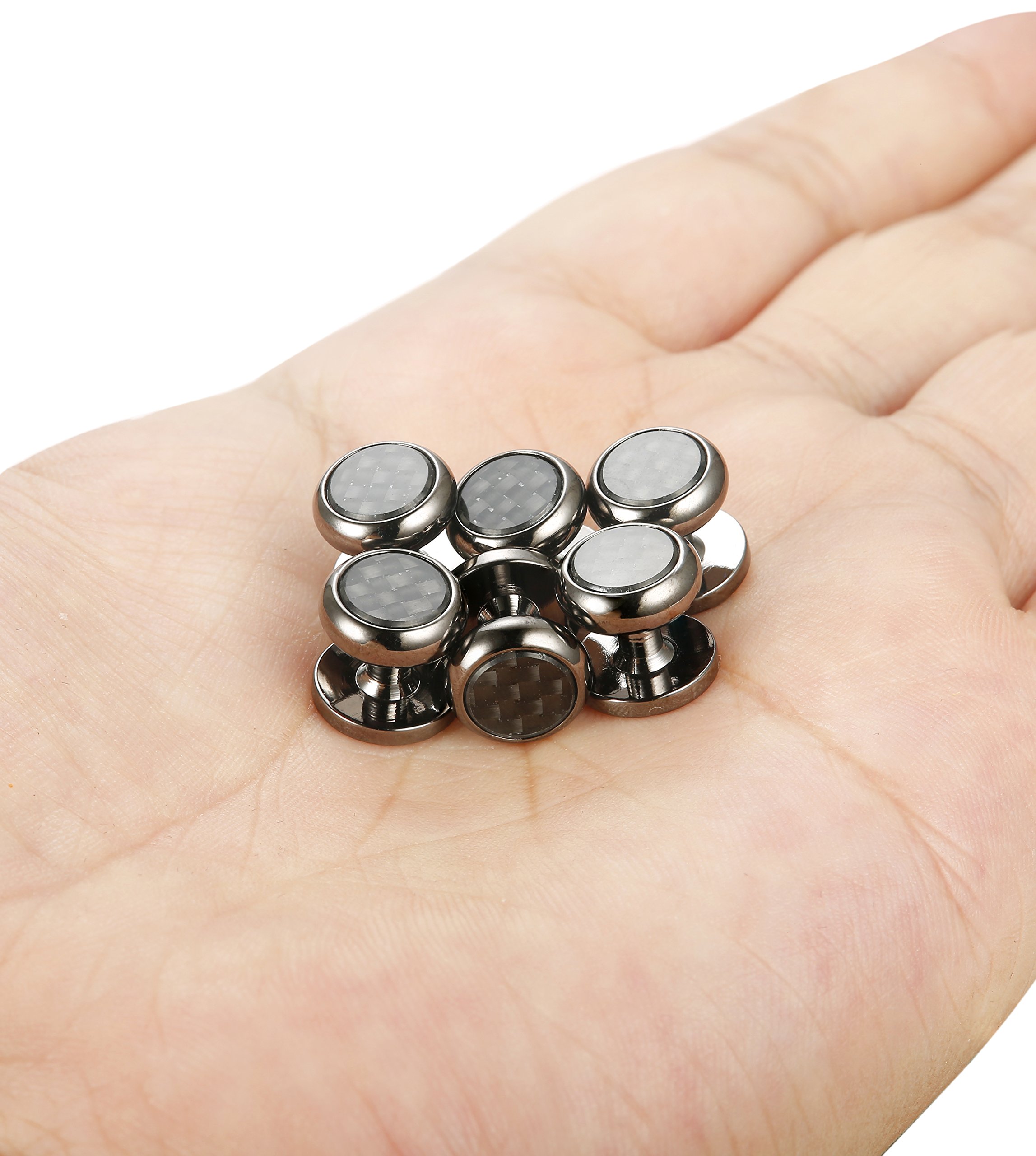 LOYALLOOK 8pcs Mens Carbon Fiber Cufflinks and Shirt Studs Set Tuxedo Shirts Business Wedding Black