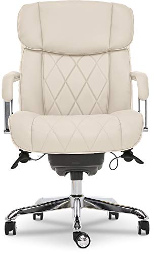 La-Z-Boy Sutherland Quilted Leather Executive Office Chair with Padded Arms, High Back Ergonomic Desk Chair with Lumbar Support, Ivory White Bonded Leather