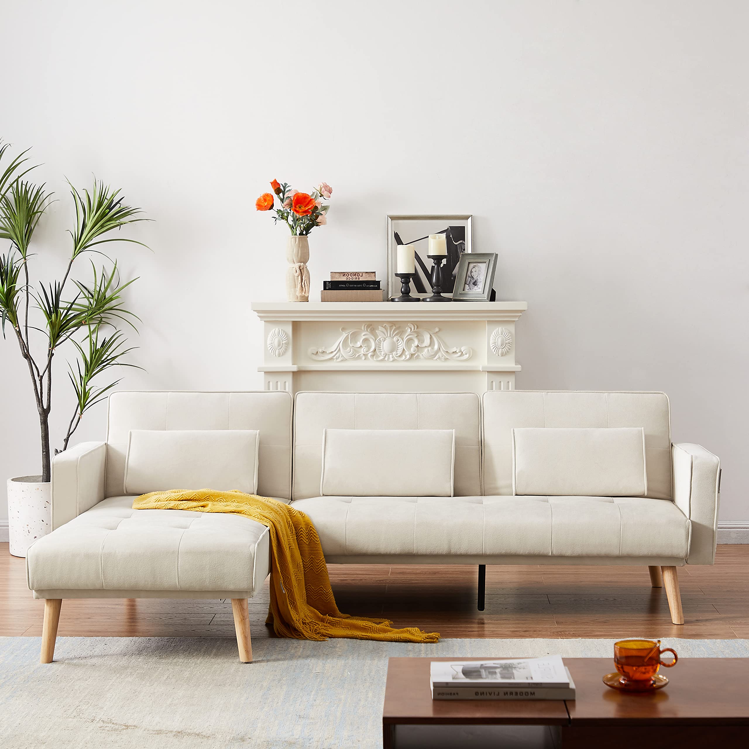 Linen Sectional Sofa Bed with Left Side Lounger, Convertible Sleeper Sofa Bed with Left Hand Facing Chaise, Solid Wood Legs and 3 Pillows, Couch for Living Room, Apartment, Office(light Brown)