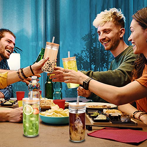 MOHARY [ 4 Pack ] Glass Cups Set - 24oz Mason Jar Drinking Glasses with Bamboo Lids & Straws & 2 Airtight Lids & 2 hole Lids - Cute Reusable Boba Bottle, Travel Tumbler for Tea, smoothie