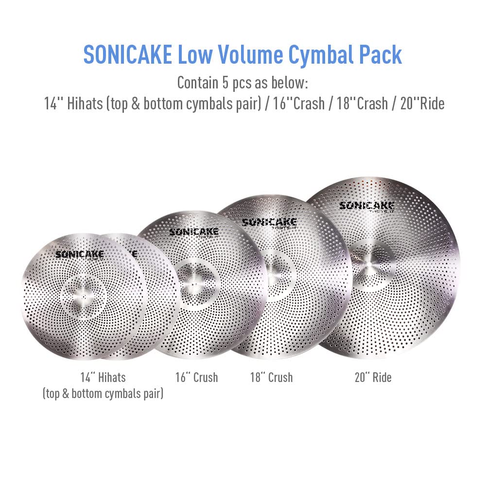 SONICAKE Low Volume Cymbal Pack Quiet Cymbal Set 14"Hi-hats+16"Crash+18"Crash+20"Ride 5 Pcs Mute Drum Cymbal Set Quiet Practice Cymbal, Sliver
