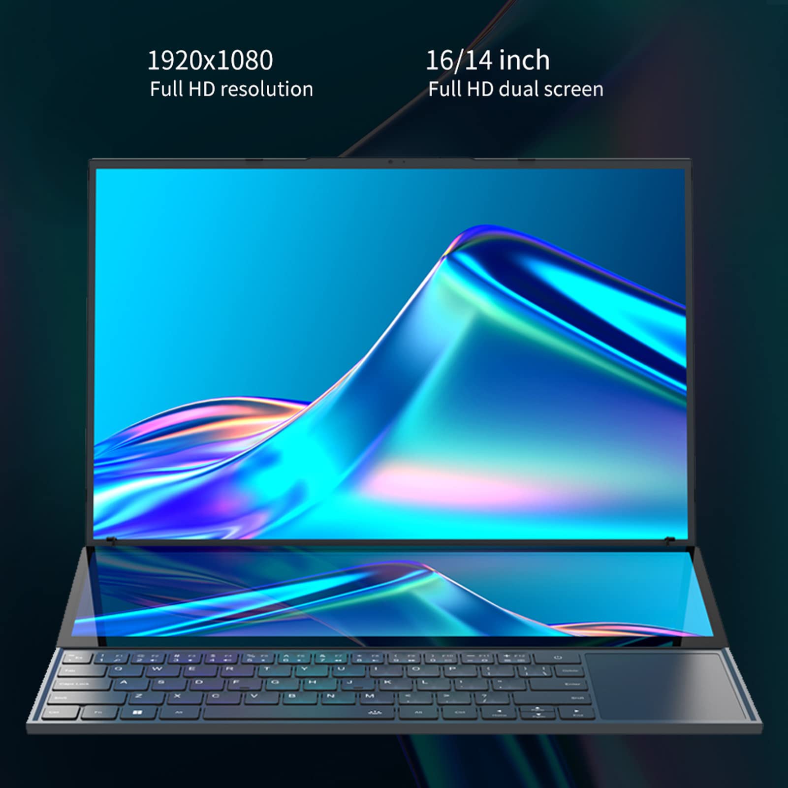 VINGVO 16in 14in Dual Screen Laptop, 13600mAh Battery 100‑240V Double Screen Laptop for Home (US Plug)