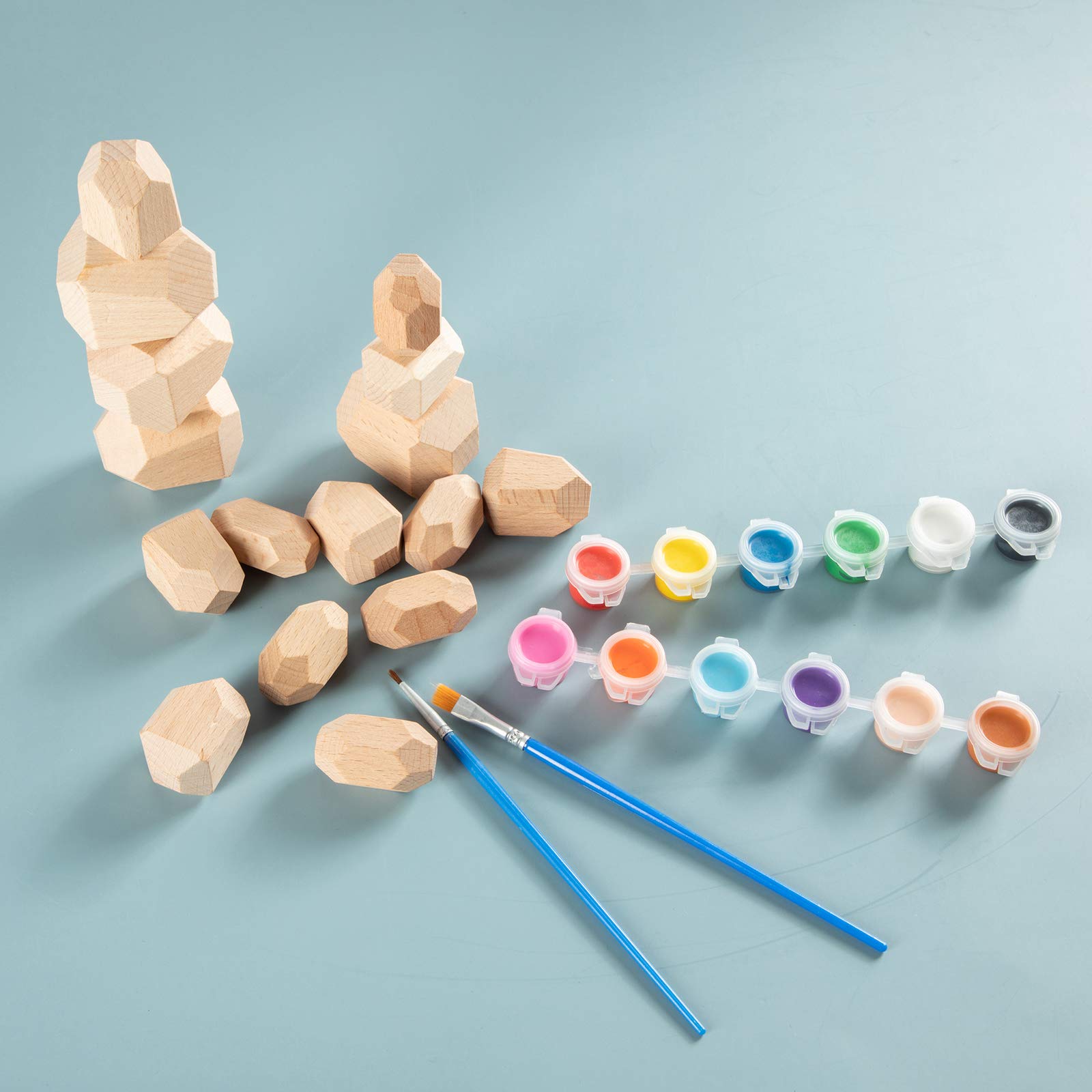 MERRYHEART 16PCS DIY Wooden Balancing Stones, Wooden Building Blocks with Pigment Stacking Game, Rock Blocks Educational Puzzle Toy