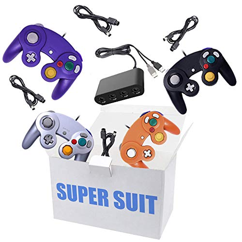 King Smart 4 Pack Gamecube Controller Bundle, with 4 Gamecube Extension Cables and 4-Port Gamecube Adapter for Wii U/Switch/PC (Black/Silver/Purple/Orange)