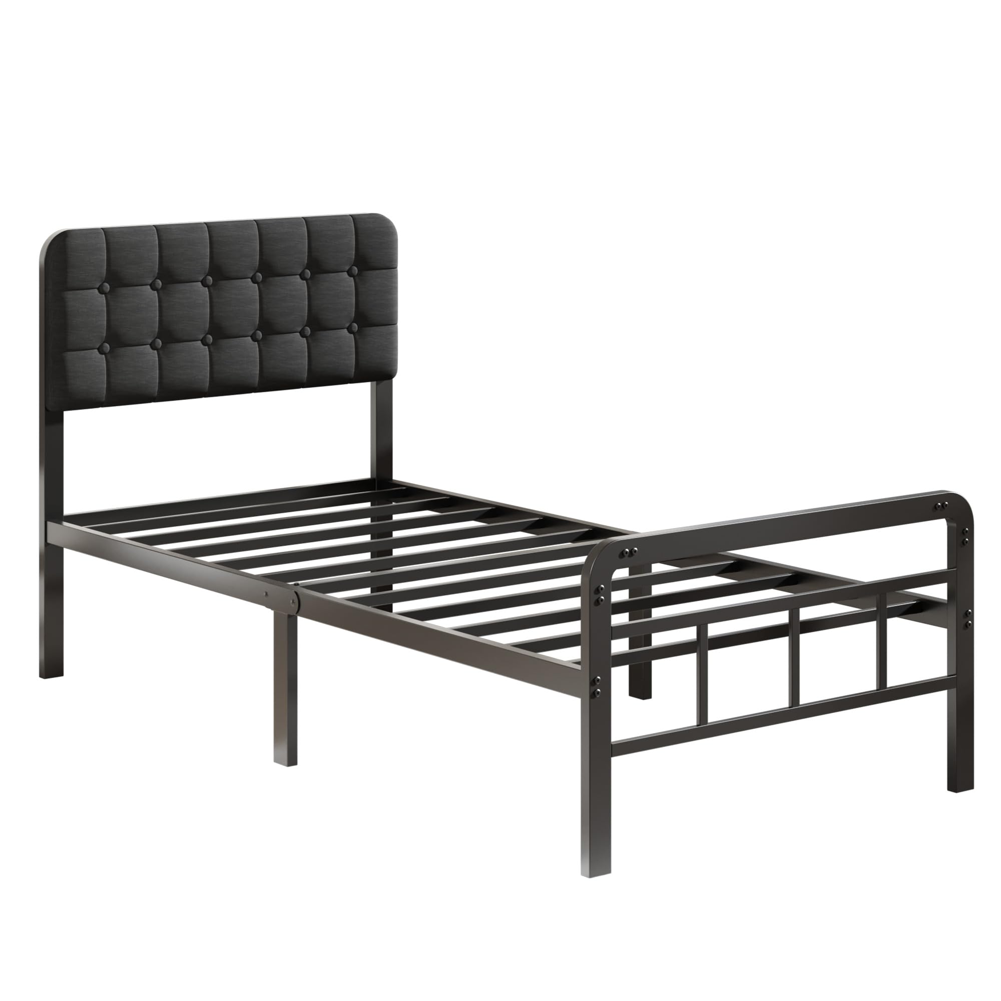 YUSENHEEI 14 Inch Twin XL Bed Frames with Upholstered Headboard and Metal Footboard, Heavy Duty Platform XL Twin Bed Frame, No Box Spring Needed, Easy Assembly, Black