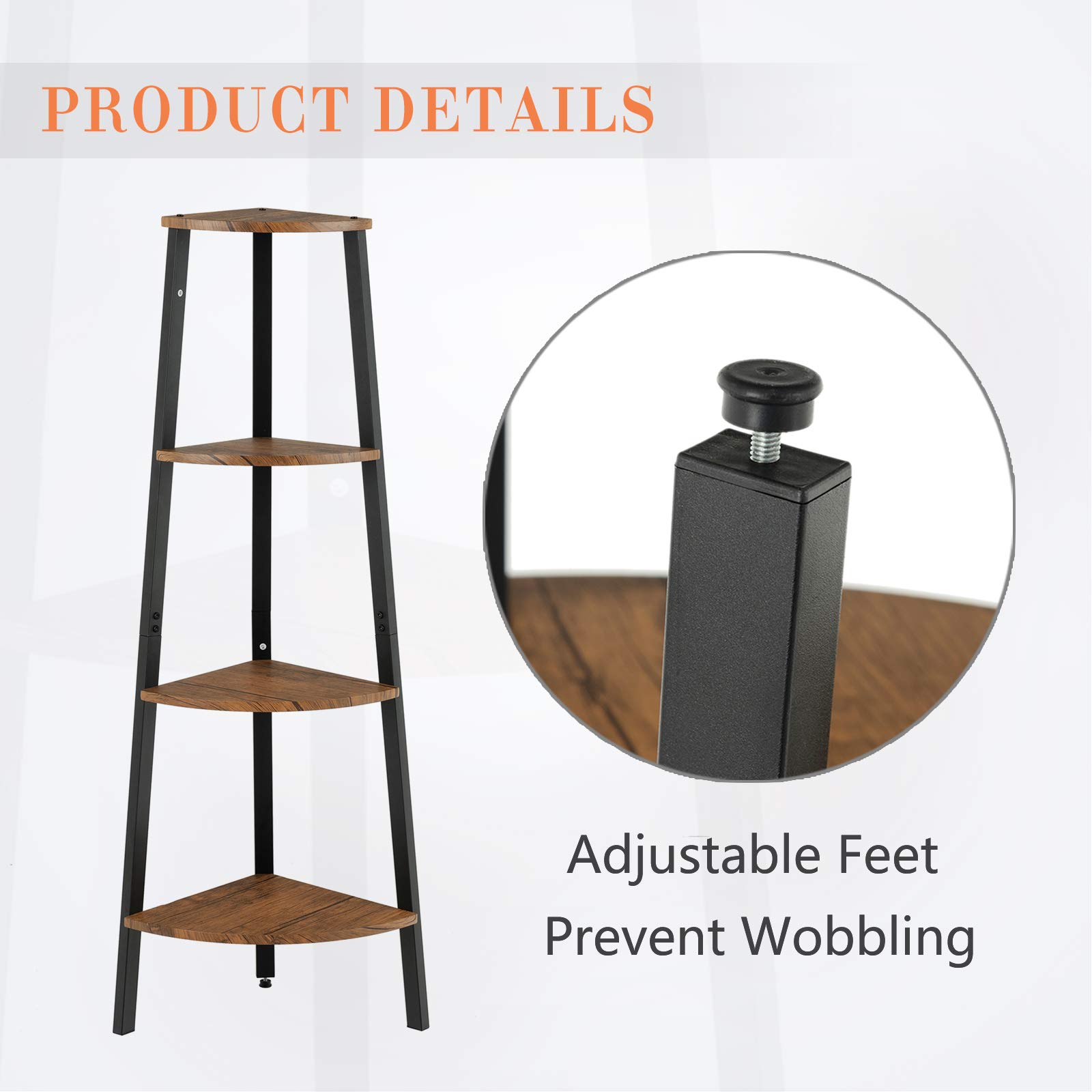 mecor 4 Tier Industrial Corner Shelf, Rustic Corner Storage Rack Plant Stand Metal Frame Bookcase Display Rack for Home Office
