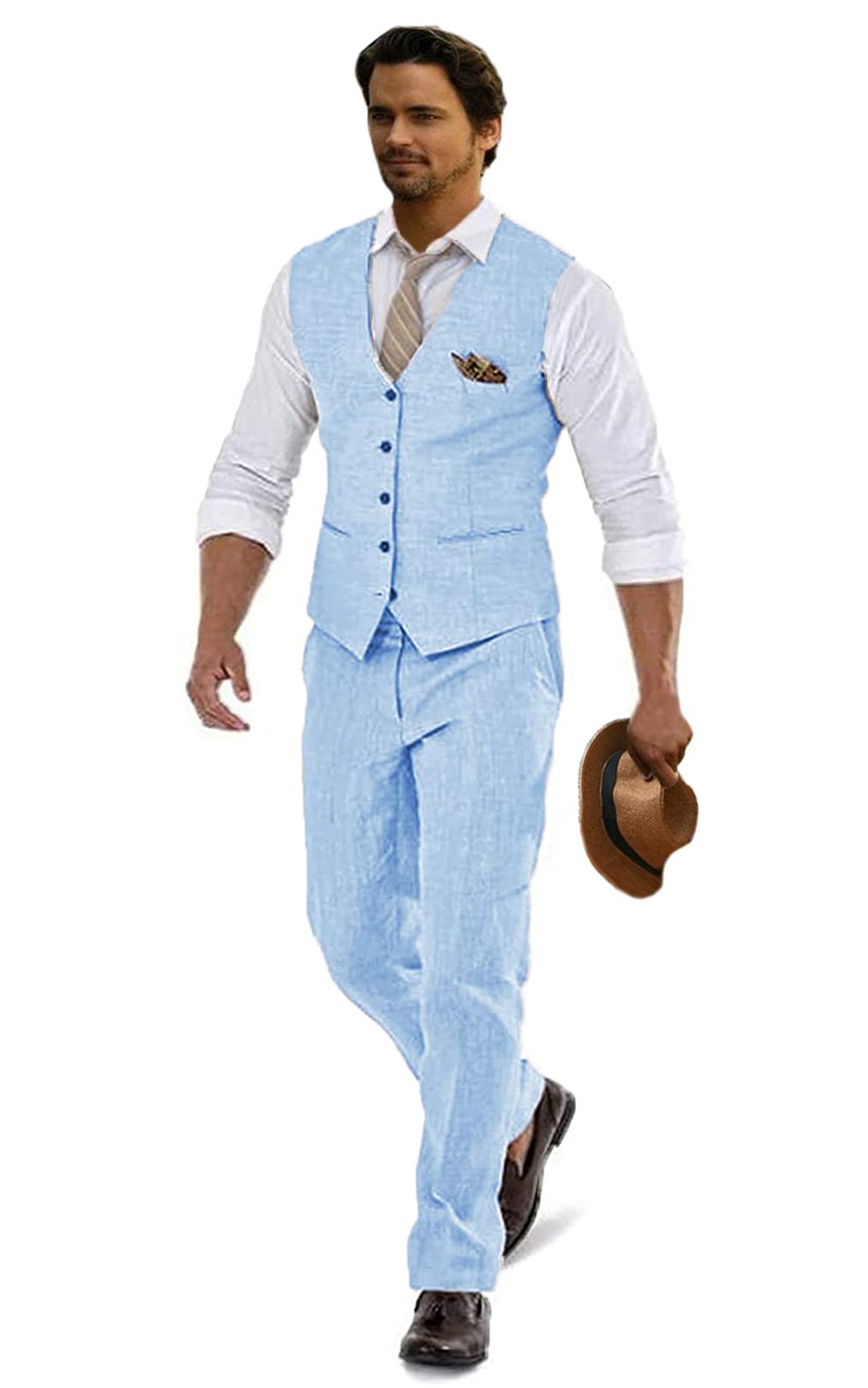 Linen Suits 2 Piece Suit Set Casual Linen Vest and Pants for Groomsmen Summer Wear Suits Groom Tuxedo Blue-XS