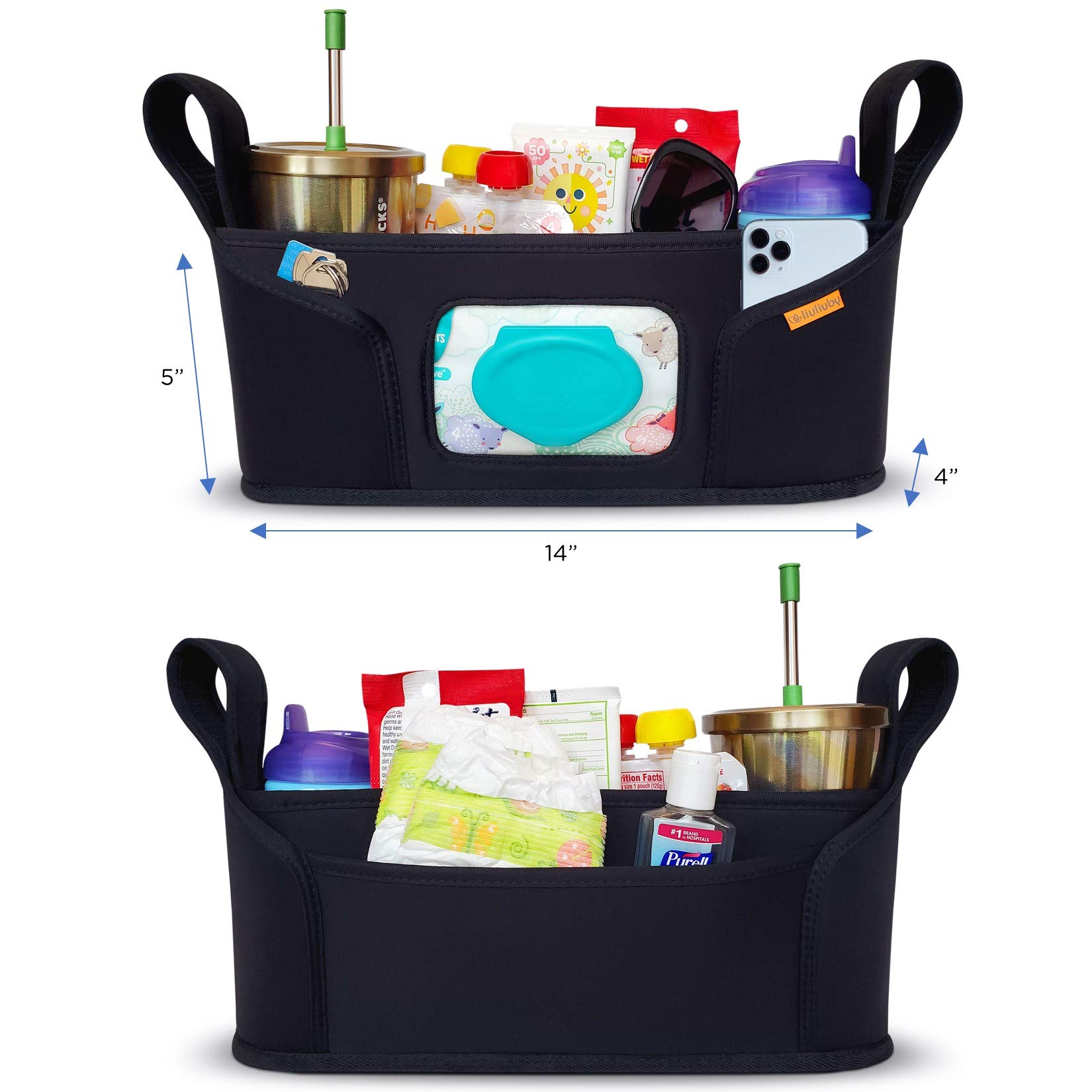 liuliuby Stroller Organizer - Large Storage Space with Cup Holder & Easy Access Wipes Pocket - Customizable Compartments & Universal Fit Stroller Caddy - Parent Console Accessories