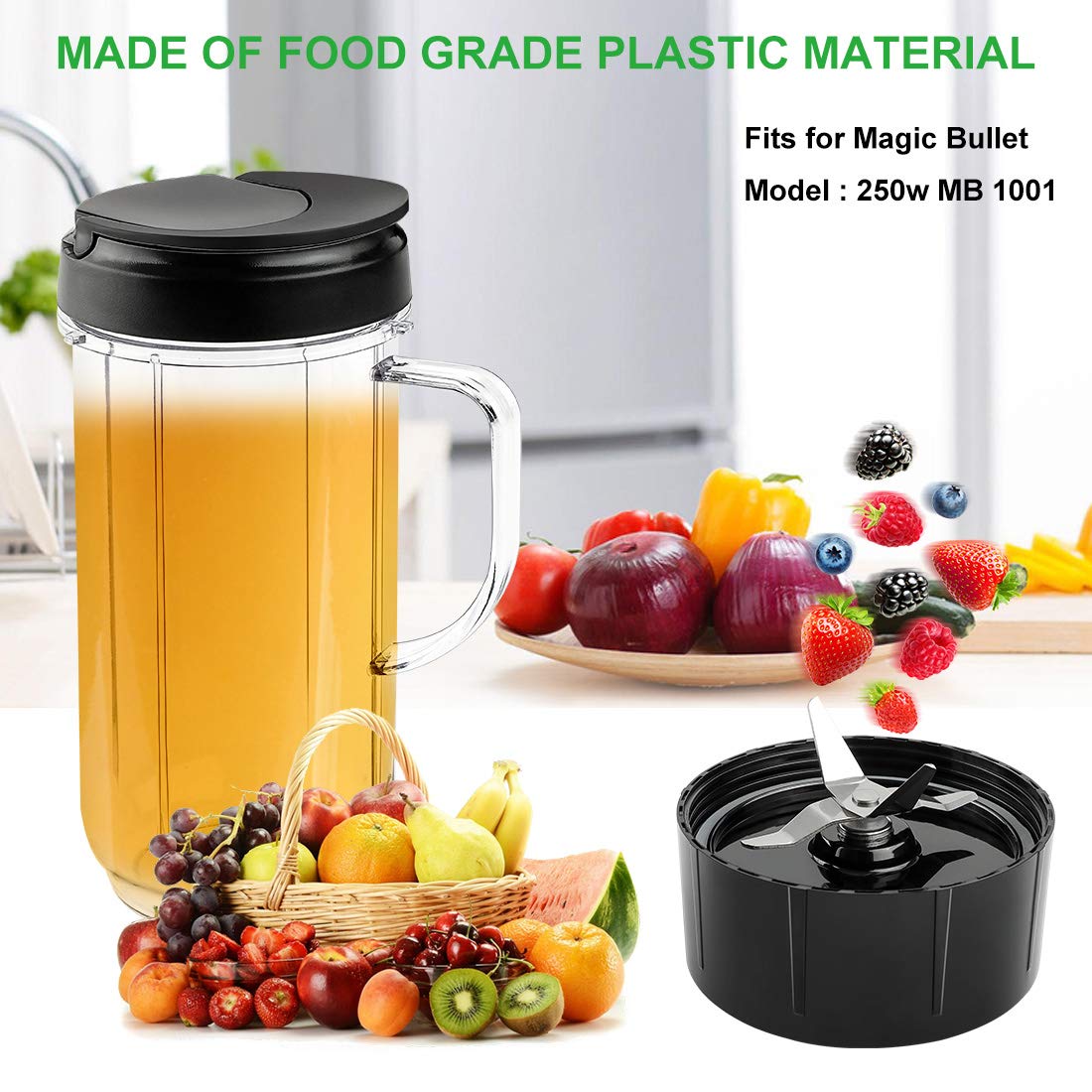 Livtor 2-Pack 22 Oz Tall Blender Cups with 2 Flip Top To-Go Lids & 1 Cross Blade, Compatible with Magic Bullet Blenders 250W MB1001