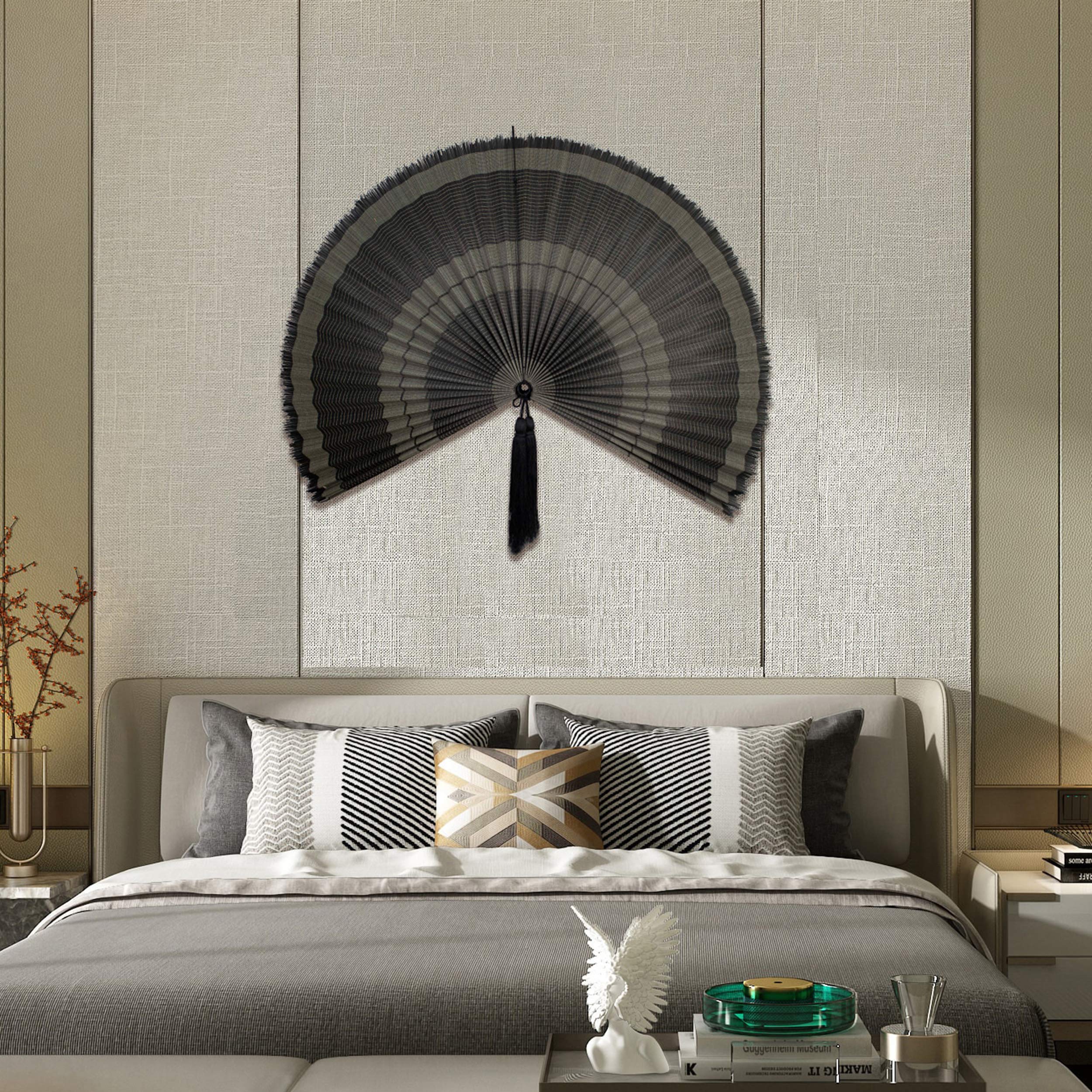 MadeTerra Bamboo Rustic Fan Wall Decor | Wall Hanging Boho Woven Home Decor Wall Pediment | Beautiful Wall Art for Apartment, Room, Home Decoration (Extra Large 43''x21'', Black-Grey)