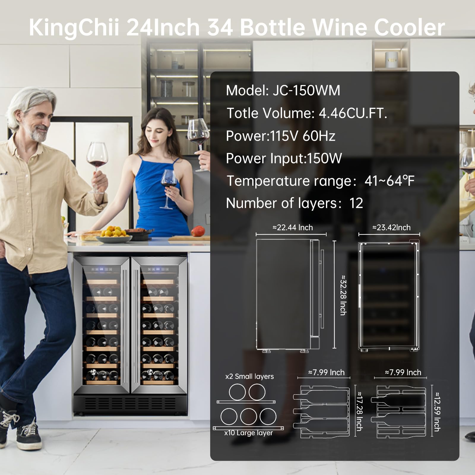 KingChii 24 Inch 34 Bottle Dual Zone Wine Cooler Refrigerator Professional Compressor, Stainless Steel & Tempered Glass For Red Wine, Champagne - Built-in or Freestanding for Home, Kitchen, or Office