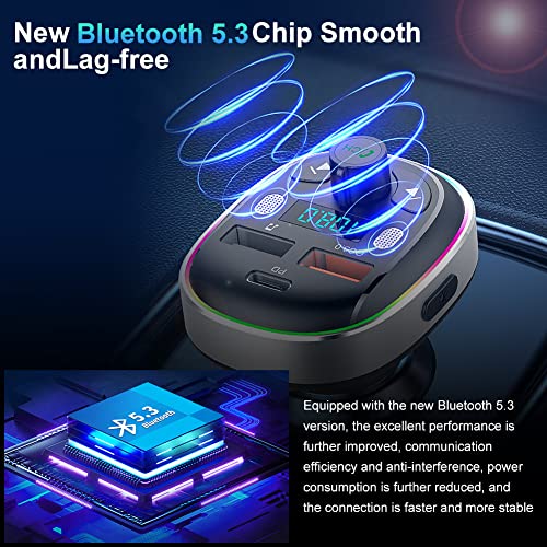 LUPATDY Bluetooth 5.3 FM Transmitter Car Adapter with Dual Mics and Noise Cancellation, 7Colors Light, HiFi Bass Sound, QC &PD Fast Charging AUX Car Bluetooth Wireless Stereo Audio