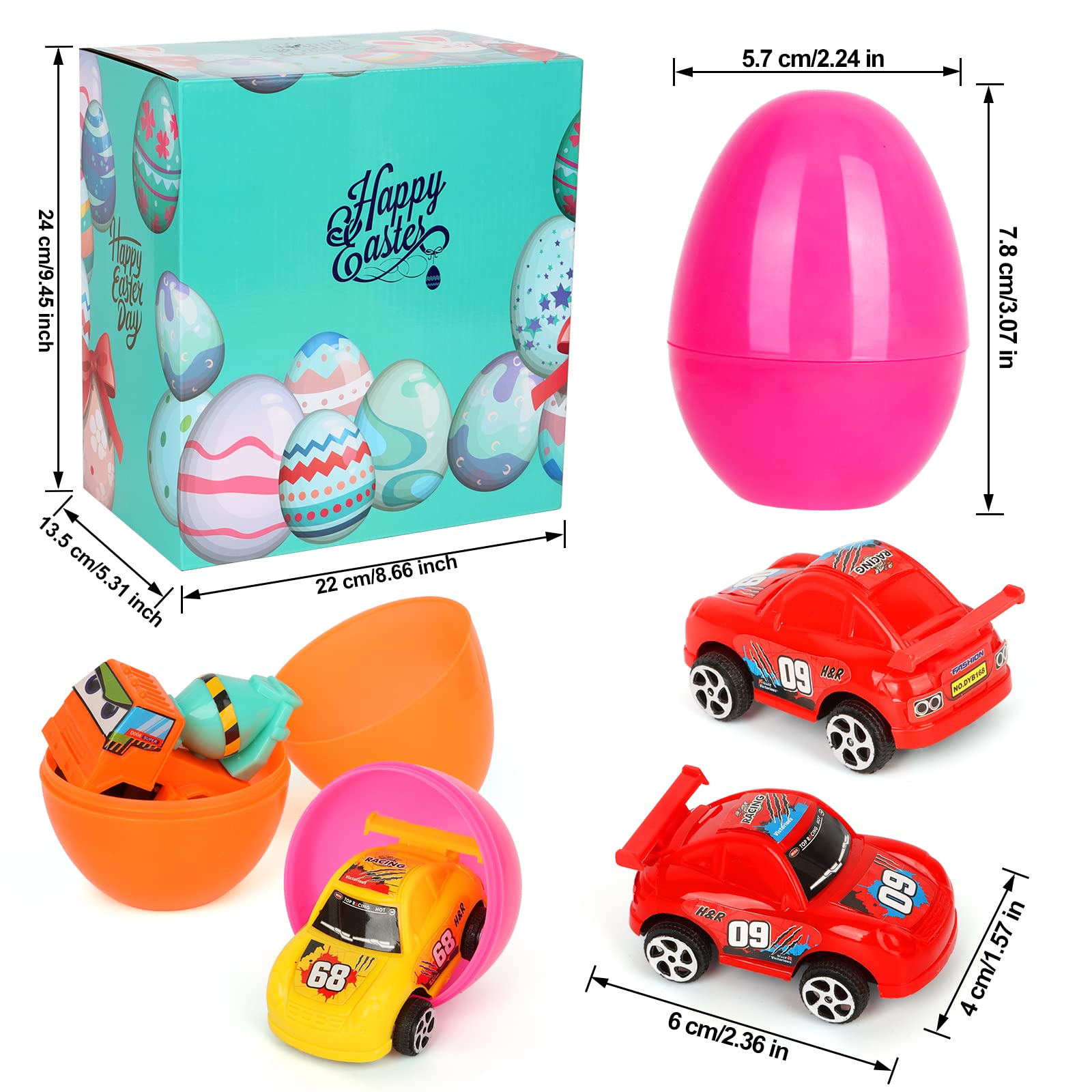 RAMXCION 24 Pack Easter Eggs Prefilled with Pull Back Cars Toy, Easter Egg Filled with Vehicle Toys for Easter Hunt Party Favor, Easter Basket Fillers, Classroom Activity for Kids (24 Pack)