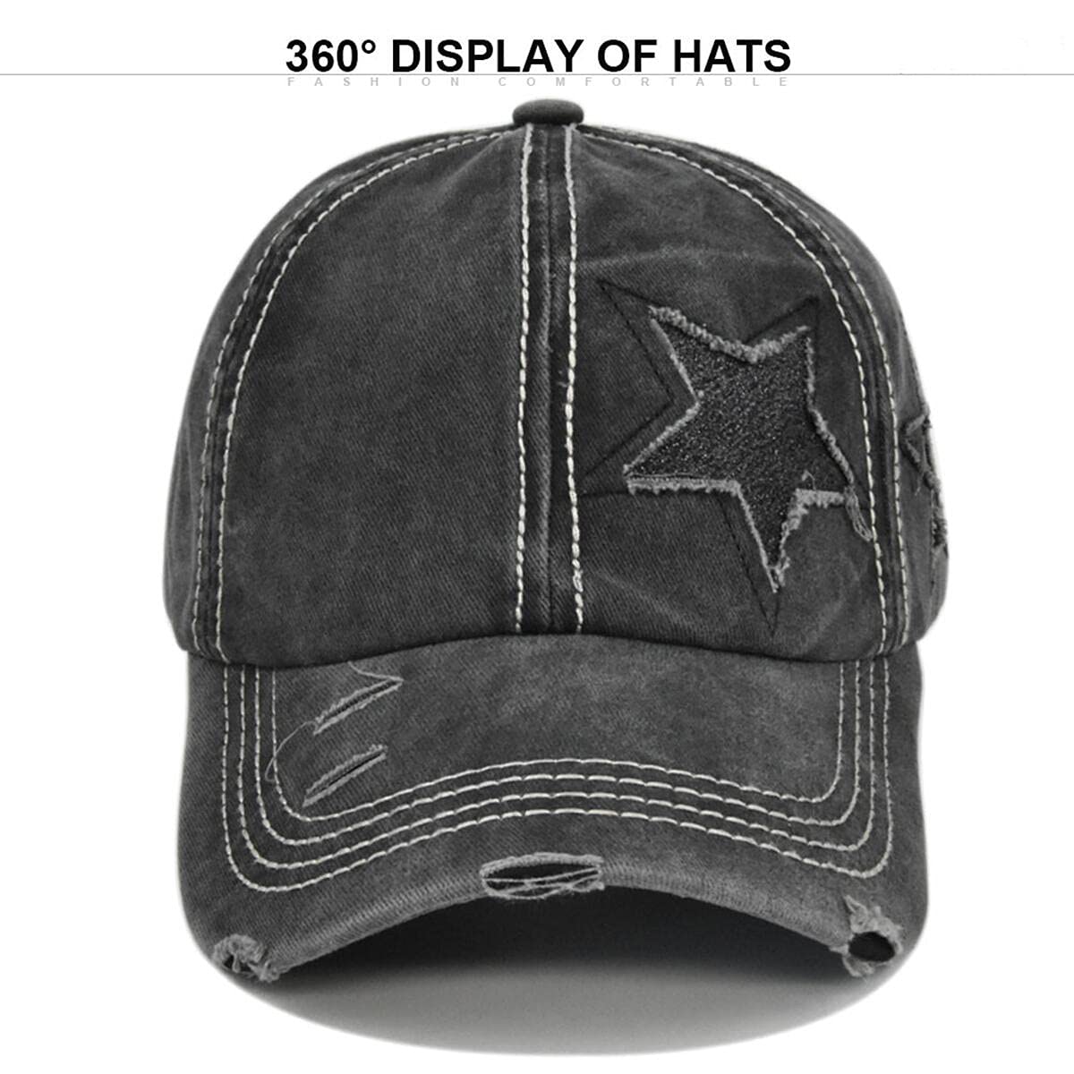 ProMindFun Womens Ponytail High Messy Bun Hats Distressed Baseball Caps Unconstructed Washed Dad Hat Girls Trucker Ponycaps (16-Glitter Black)