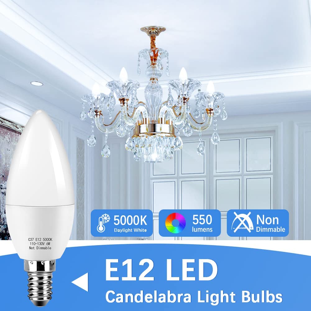 LED Light Bulbs E12 Candelabra Base, 60 Watt Equivalent Ceiling Fan Light Bulbs Chandelier Bulbs Daylight White 5000K, Non-Dimmable, 12-Pack