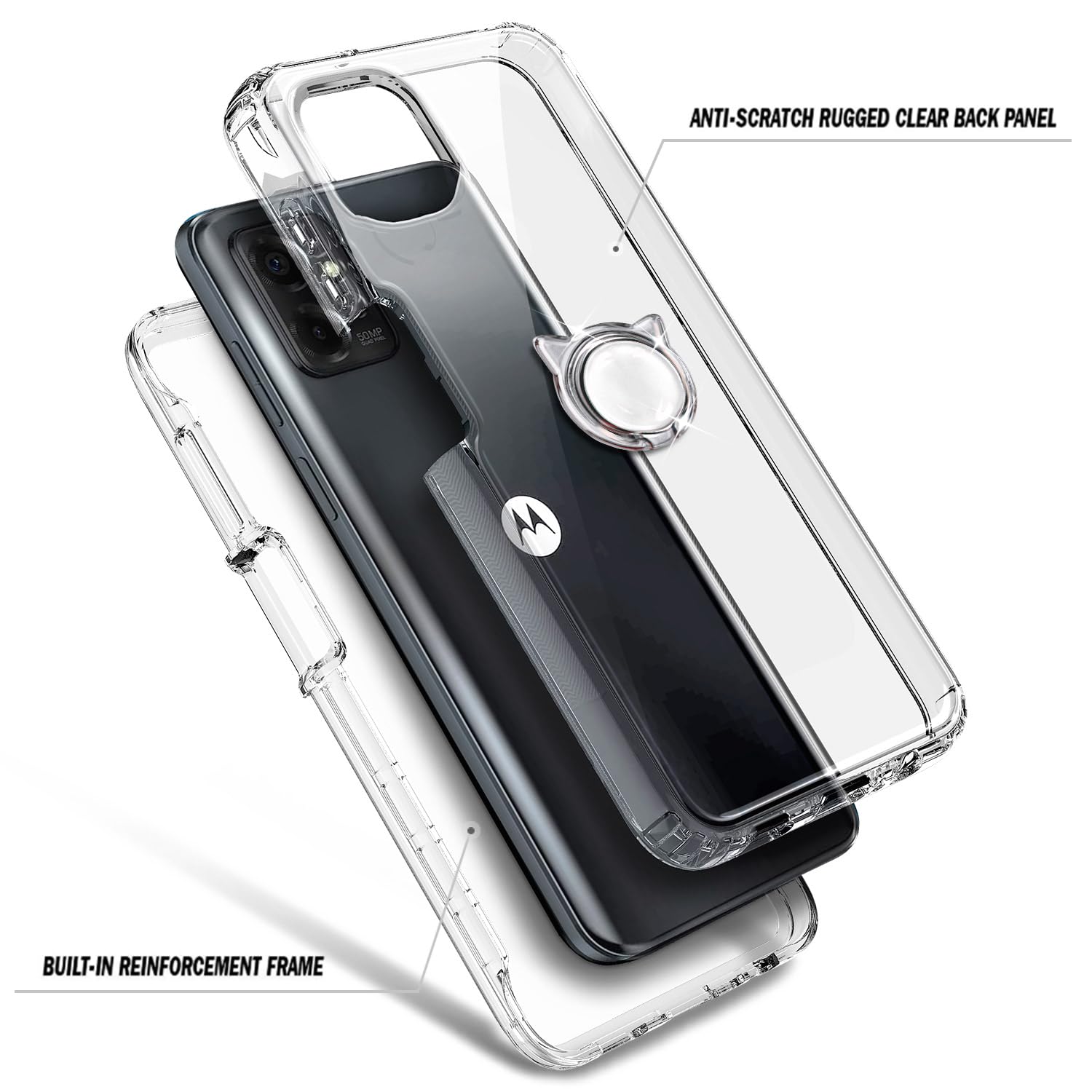 NGB Supremacy Case for Motorola Moto G 5G (2023)/Power 5G (2023), Full Body Protection with [Built-in Screen Protector] Ring Holder/Wrist Strap, Shockproof Bumper Cover (Clear)