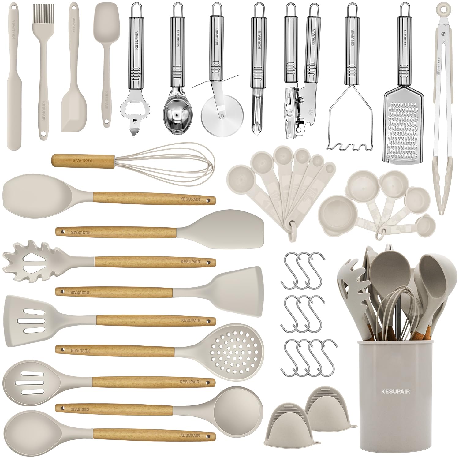 KESUPAIR Silicone Kitchen Utensils Set, 46 pcs Cooking Utensils Set-Silicone Spatula Set- Kitchen Gadgets and Tools with Holder-Wooden Handle Silicone Kitchen Utensil with Tongs,Grater (Khaki)