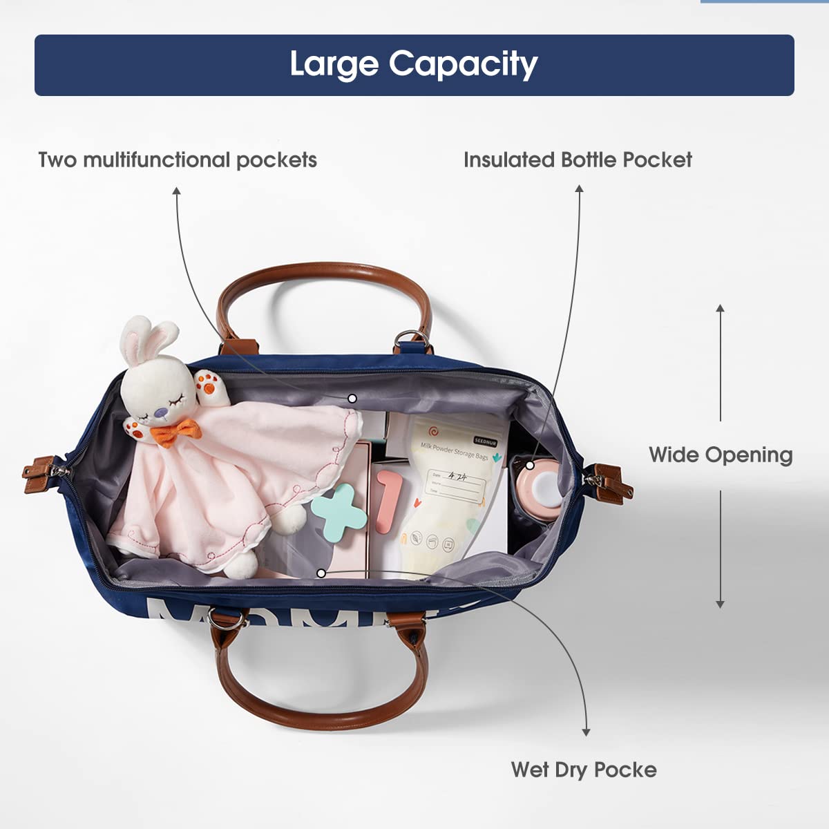 SEEDNUR Diaper Bag Tote with 2 Organizer Pouches, Large Capacity Mommy Bag for Hospital and Weekender Travel (Navy)