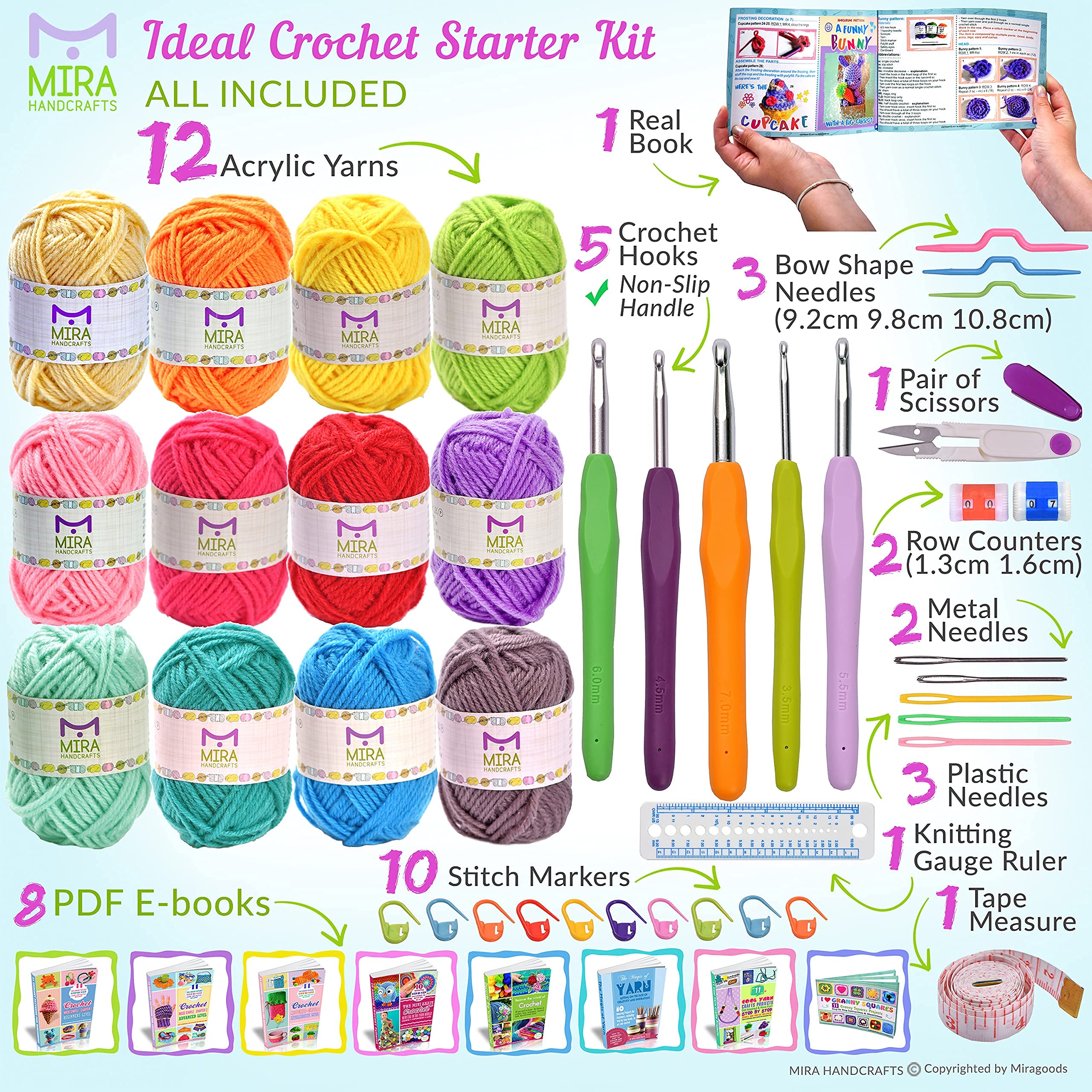 Mira Handcrafts 12 Acrylic Yarn Skeins, Complete Crochet Kit and Real Project Book - Total 516 Yards Crafts Yarn – Ideal Starter Kit Gift