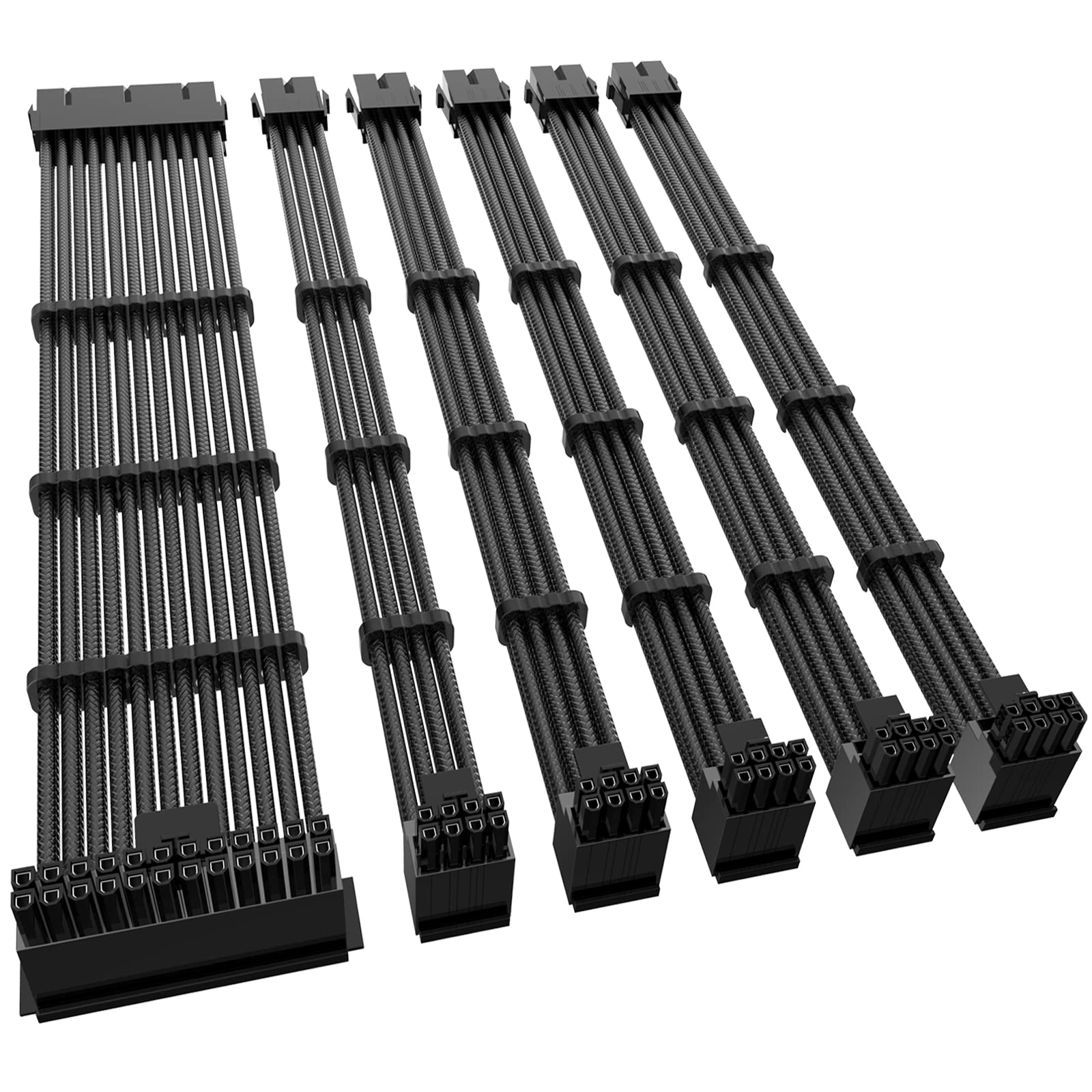 SYBECHATF Power Supply PSU Sleeved Extension Cable Kit with 90 Degree Right Angle Connector Adapter,ATX/EPS/8 Pin PCIE for PC PSU Cable Black with Combs 6 Pack 30CM