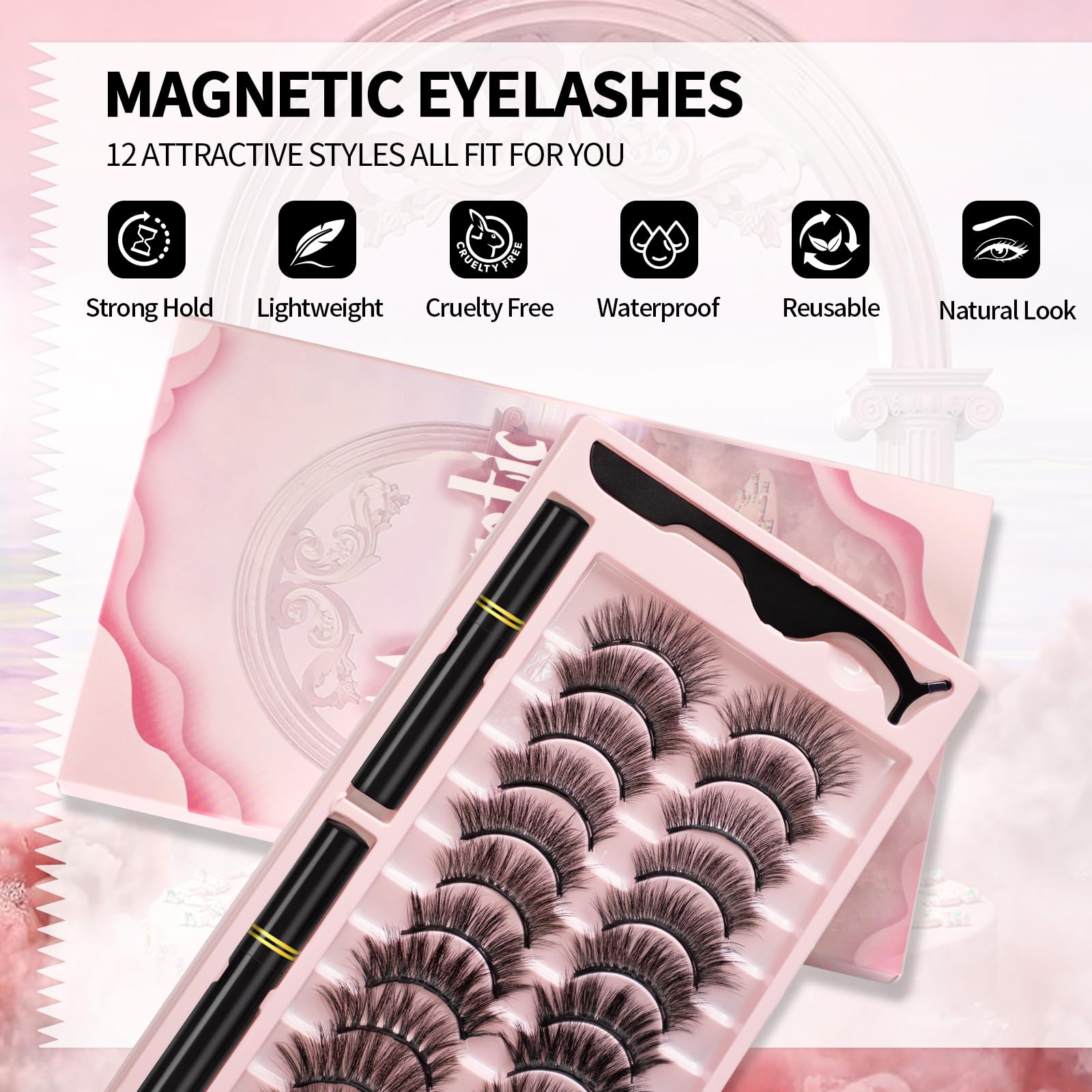 Magnetic Eyelashes Kit - Magnetic Lashes Natural Look From Natural to Gorgeous Styles, Reusable 3D Mink False Eyelashes with Magnetic Eyeliner and Tweezers Easy to Apply, No Glue Needed (12 Pairs)