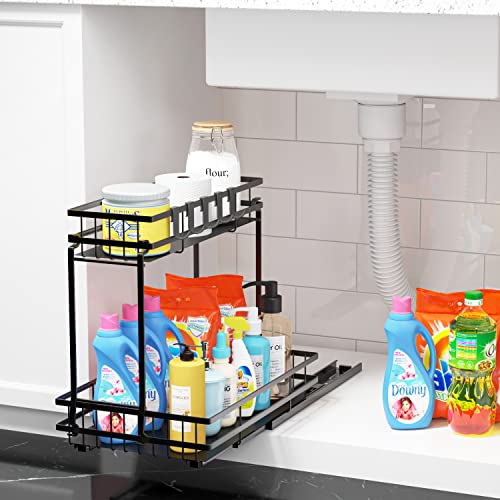 Z&L HOUSE Under Sink Organizer and Storage, Upgraded Silent Glide Undersink Organizers, Under Cabinet Organizer with Hooks 2 Tier Sliding for Kitchen Bathroom(Black)