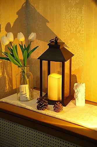 YAKii Hanging Glass Panes Lantern Portable Led Lantern Decorative Operated by 3AAA Battery Use for Garden Yard, Indoor Decoration Candle Lantern (Black)