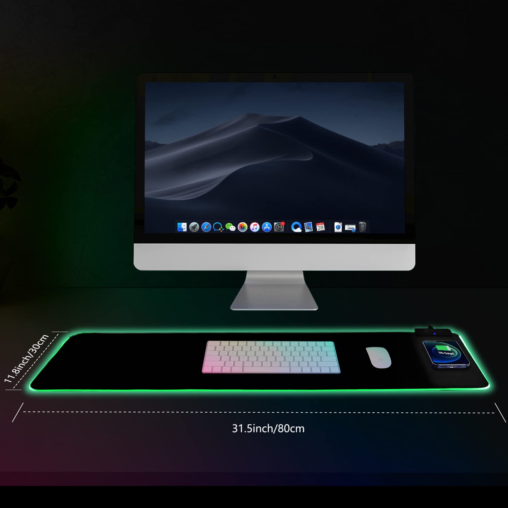 RGB Gaming Mouse Pad with 15W Wireless Charging, LED Mouse Pad with Dual Wireless Charger for iPhone/Airpods, 31.5"x15.7" XXL Large Desk Mat, 13 Light Modes, Non Slip Base, Carbon Black