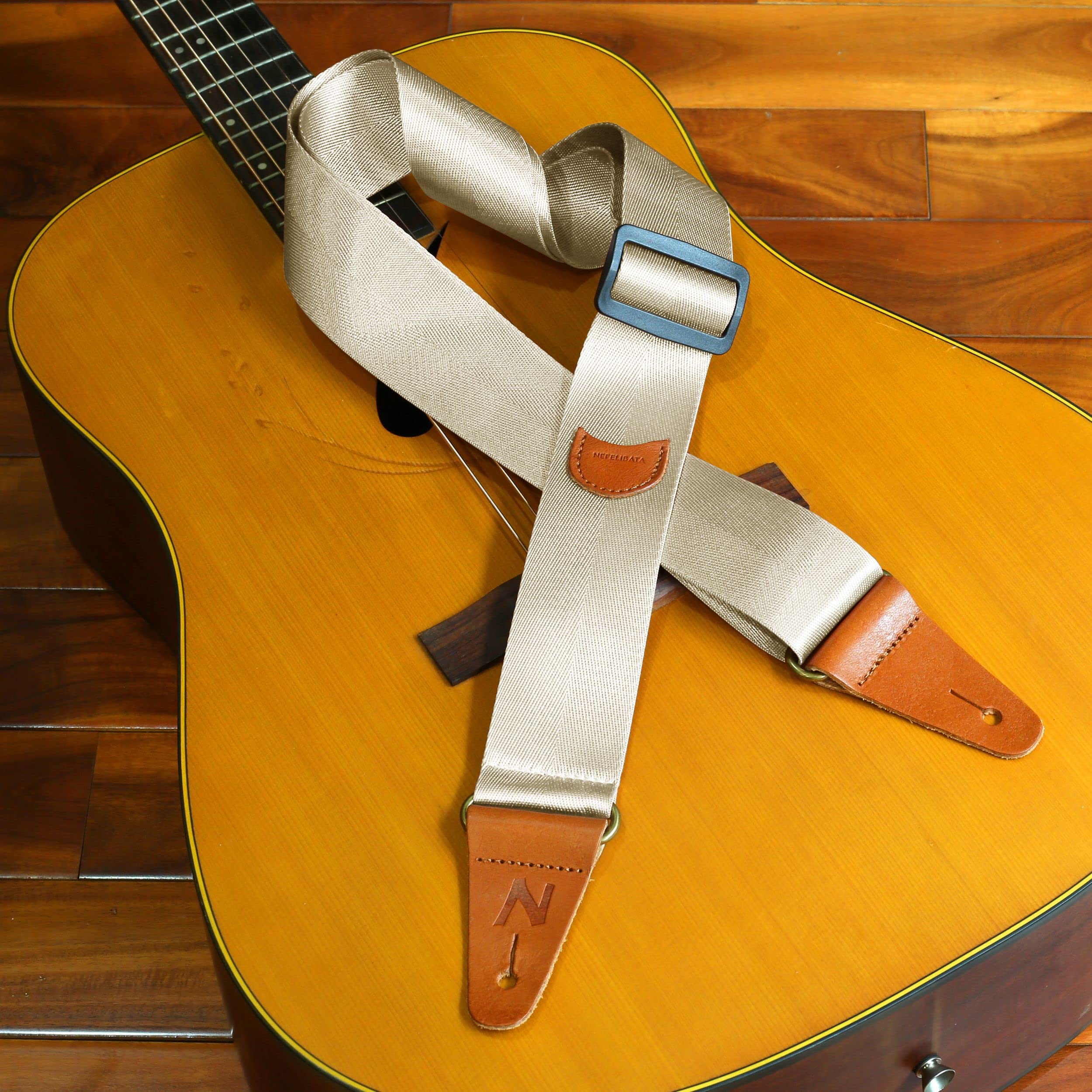 Nefelibata Guitar Strap with Pick Pocket, Vintage Nylon Full Grain Leather Ends Guitar Straps for Bass, Electric & Acoustic Guitar, with Strap Button, 1 Pair Strap Locks and 4 Guitar Picks (Beige)