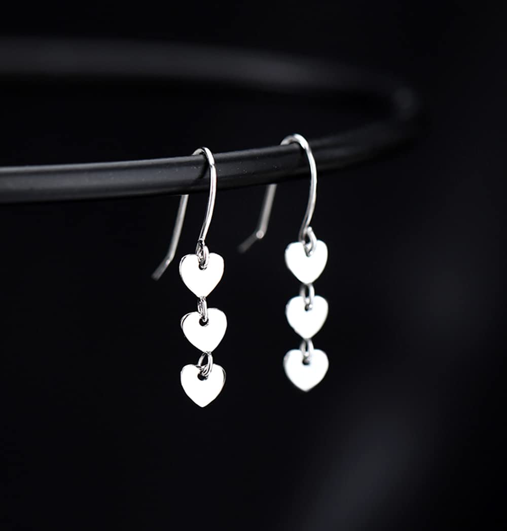 Reffeer Solid 925 Sterling Silver Love Heart Drop Earrings for Women Teen Girls Sweet Heart Dangle Earrings Hook Earrings (A-Silver)