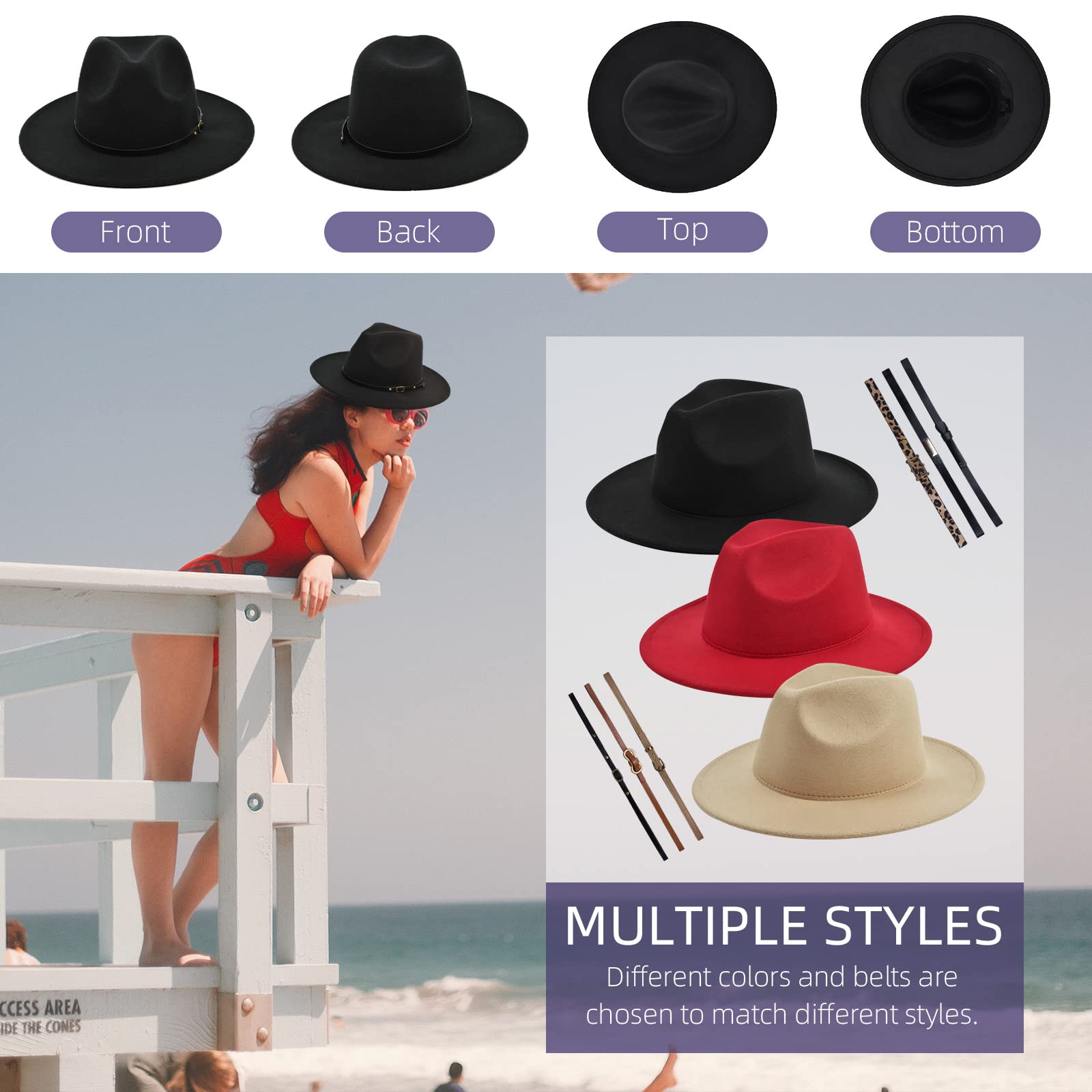 ReFeltidolom Fedora Hats for Men & Women, 3 Pack Classic Wide Brim Fedora Hat with 6 Belt Buckles