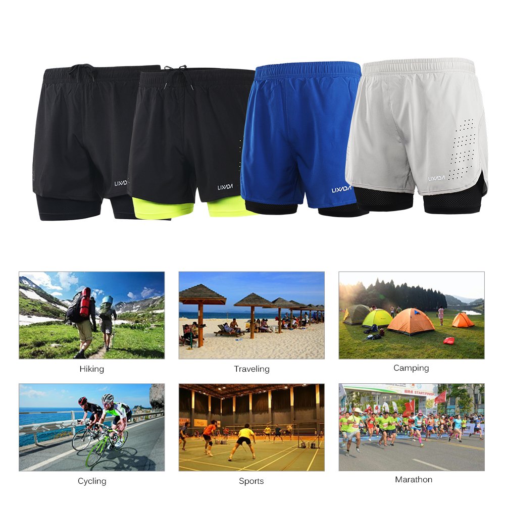 LIXADA Men's 2-in-1 Running Shorts Quick Drying Breathable Active Training Exercise Jogging Cycling Shorts (Black, L)