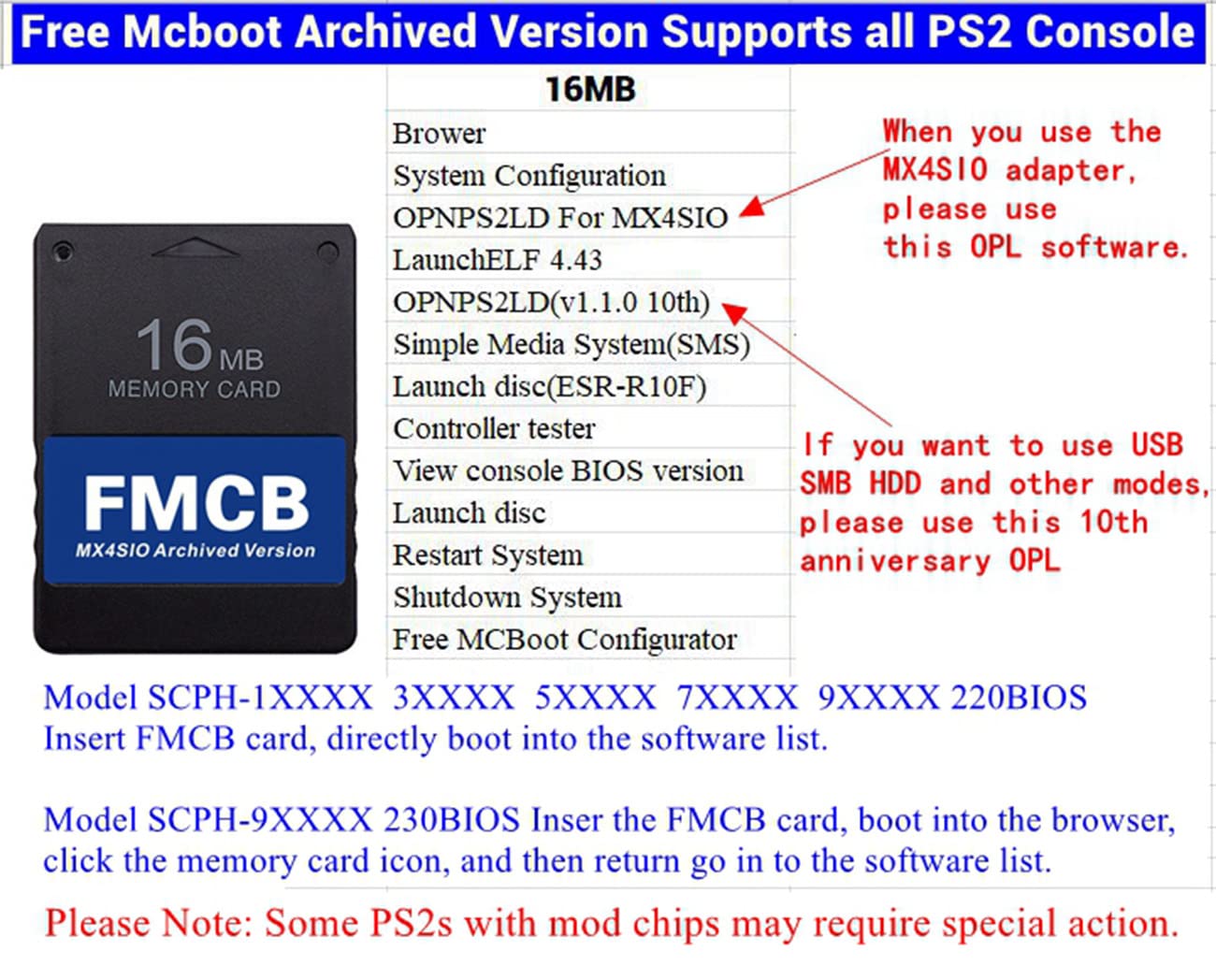 RGEEK MX4SIO Memory Card Adapter with 16MB PS2 FMCB Memory Card for All PS2 version