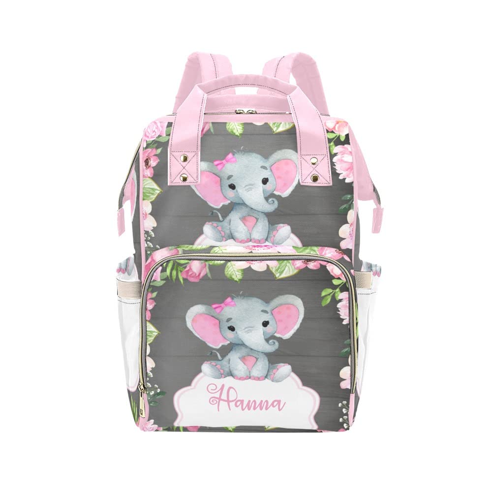 SunFancy Pink Flower Elephant Personalized Diaper Backpack Custom Mommy Bag Unisex Travel Daypack for Mom Dad Boy Girl