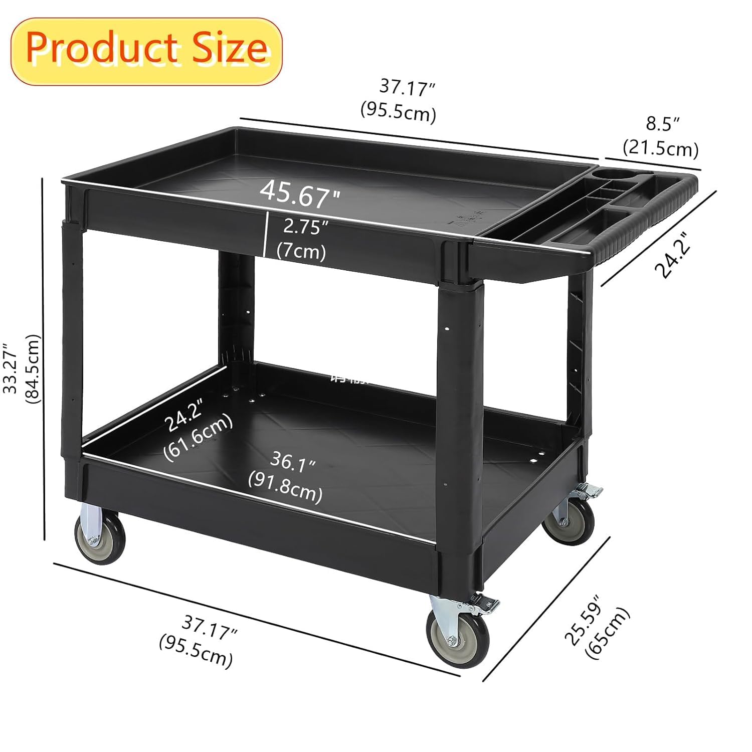 Service Cart 2-Shelf, Storage Handle, 500 lbs Capacity, for Warehouse/Garage/Cleaning/Manufacturing,45"X25"