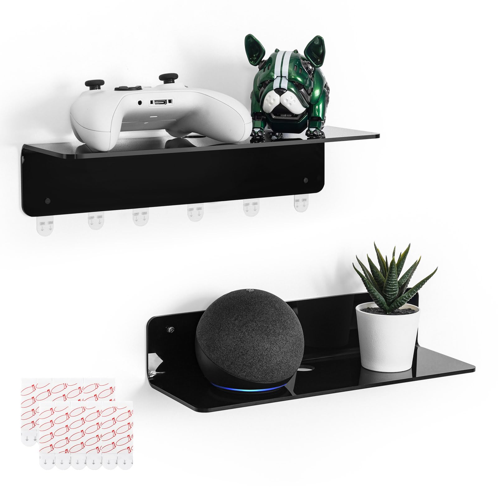 OAPRIRE Black Acrylic Floating Shelves Set of 2 - Damage Free Expand Wall Space - 12 Inch Wall Shelves with Strong Adhesive for Bathroom, Bedroom, etc