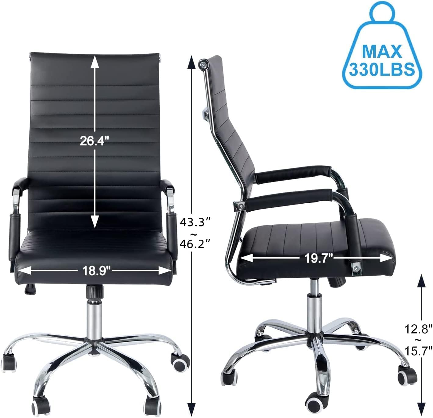 LUCKWIND Office Desk Chair, Executive Ribbed Task Chair, High-Back Leather Conference Ergonomic Chair, Swivel Arm Chair, Height Adjustable & Tilt Rocker (Black)