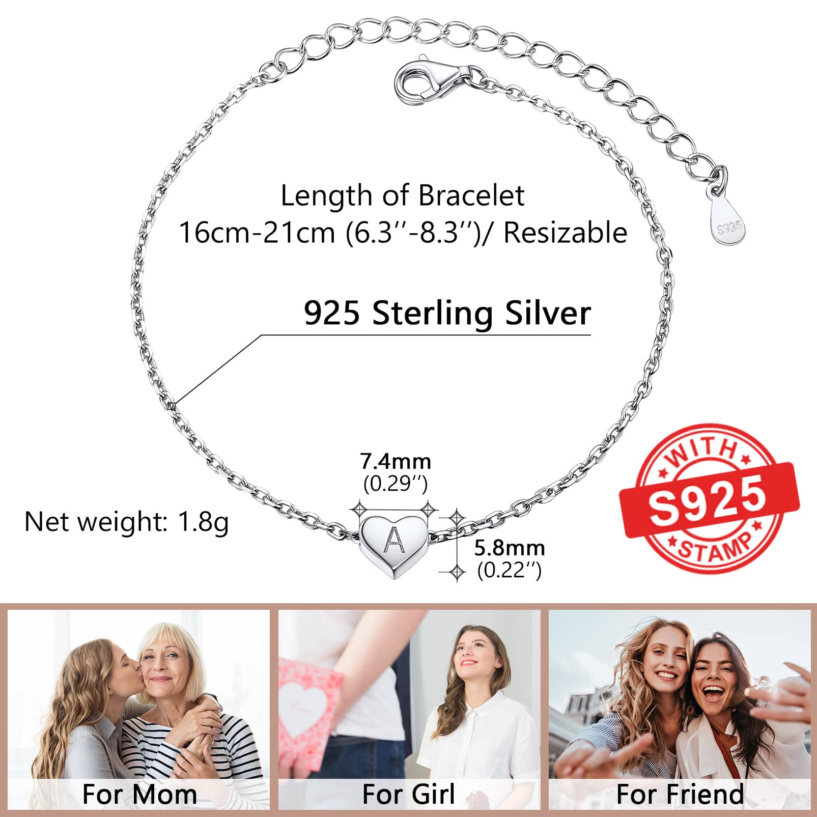 PROSILVER Initial a Heart Silver Charm Bracelet For Women Fashion Braclets Bangle Bracelt Braslet