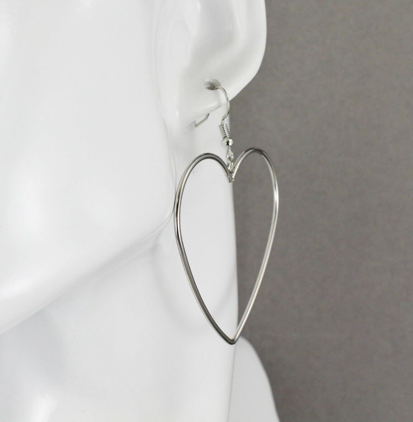 Silver Heart Earrings Earrings 2.5" Long Dangle Light Outline Heart Adorable Statement Jewelry Earrings for Women